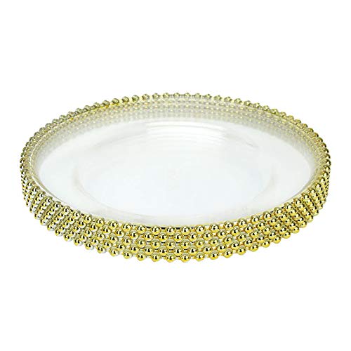USA Party Flower Elegant Clear Acrylic(Plastic) Charger Plate with Bead Rim, Set of 12 (12.5 inch) (Gold)