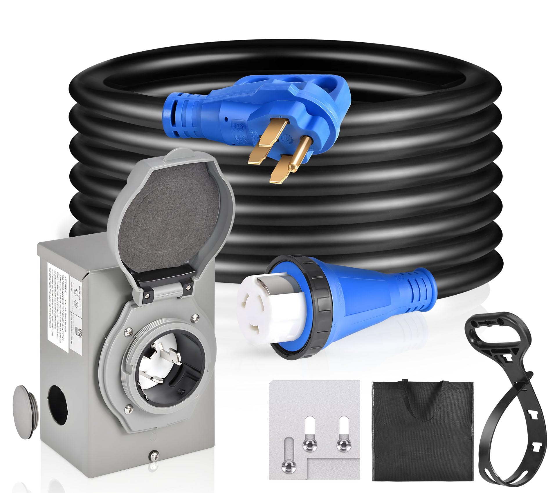 Seeutek 50 Amp Generator Extension Cord 25 Feet Generator Cable 125V/250V 12500W Generator Power Cord NEMA 14-50P/SS2-50R, with Pre-Drilled Power Inlet Box & Generator Interlock Kit, ETL Listed