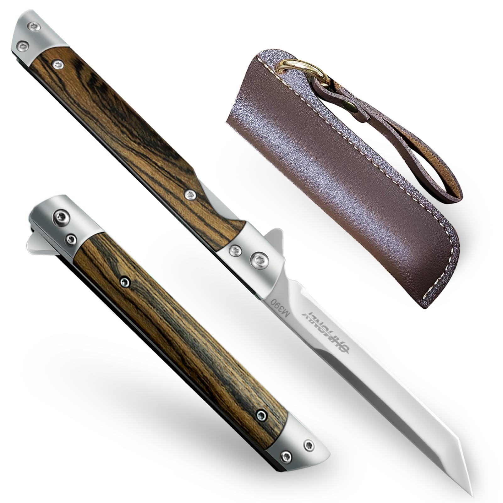 ohmonlyhoo Pocket Knife for Men, 3.5 inch Folding Knife with Wooden Handle and Leather Sheath, Edc ​Tanto Knife for Men and Women