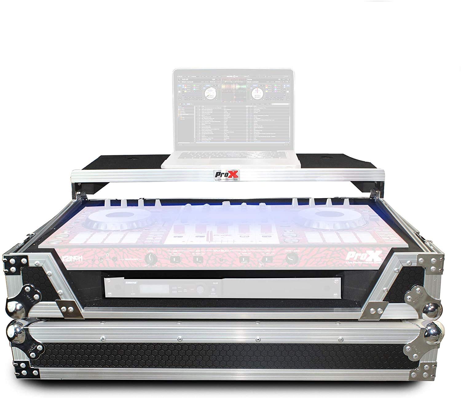 ProX Flight Case for Pioneer DJ DDJ-SX,RX & Denon MCX7000 With Sliding Laptop Shelf, LED Lights and Wheels - Silver on Black Design - XS-DDJSX WLT LED