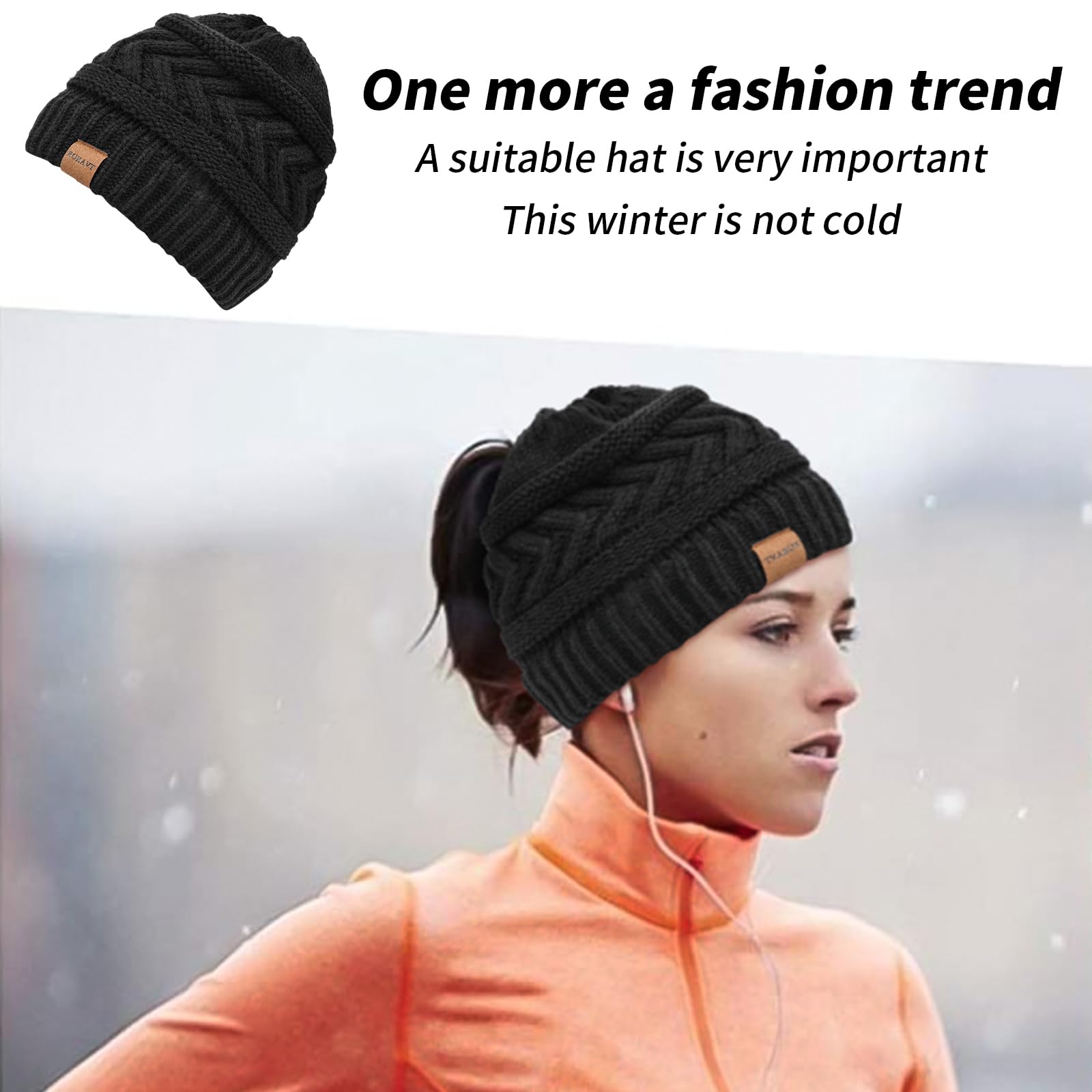 Pukavt 1 Pack Winter Hat Ponytail Beanie Hat for Women,Soft Stretch Cable Knit Messy Bun Beeanie,Trendy and Warm Black