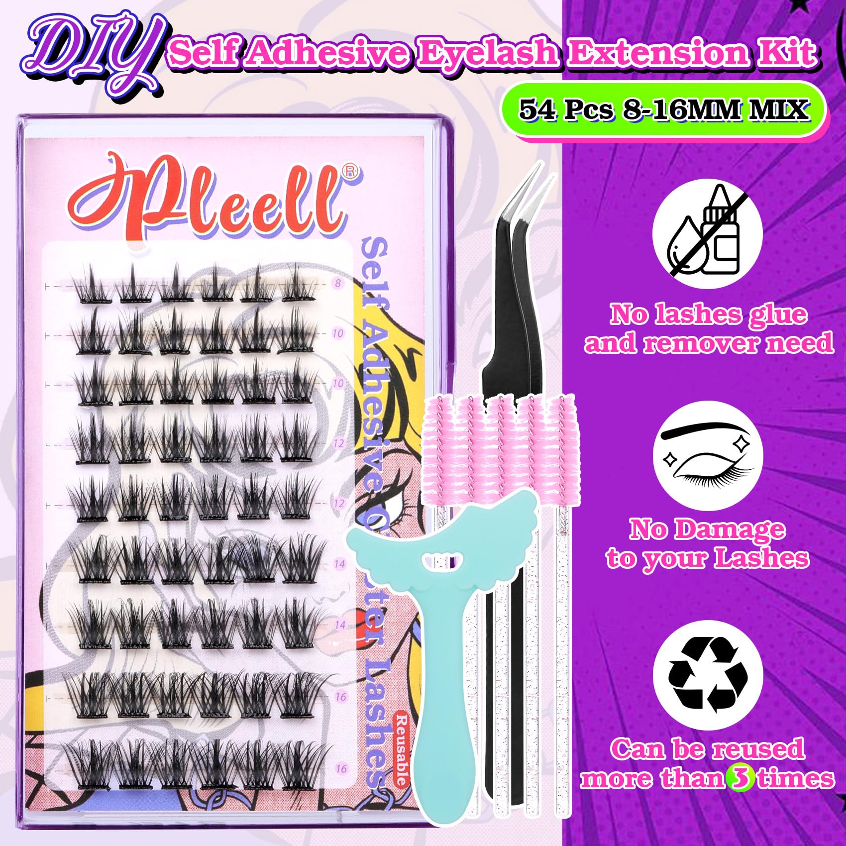 Self Adhesive Lash Clusters Reusable Eyelashes DIY Lash Extension Kit with Eyelash Brush Tool and Lash Tweezers Eyelash Extension Kit for Beginner DIY at Home