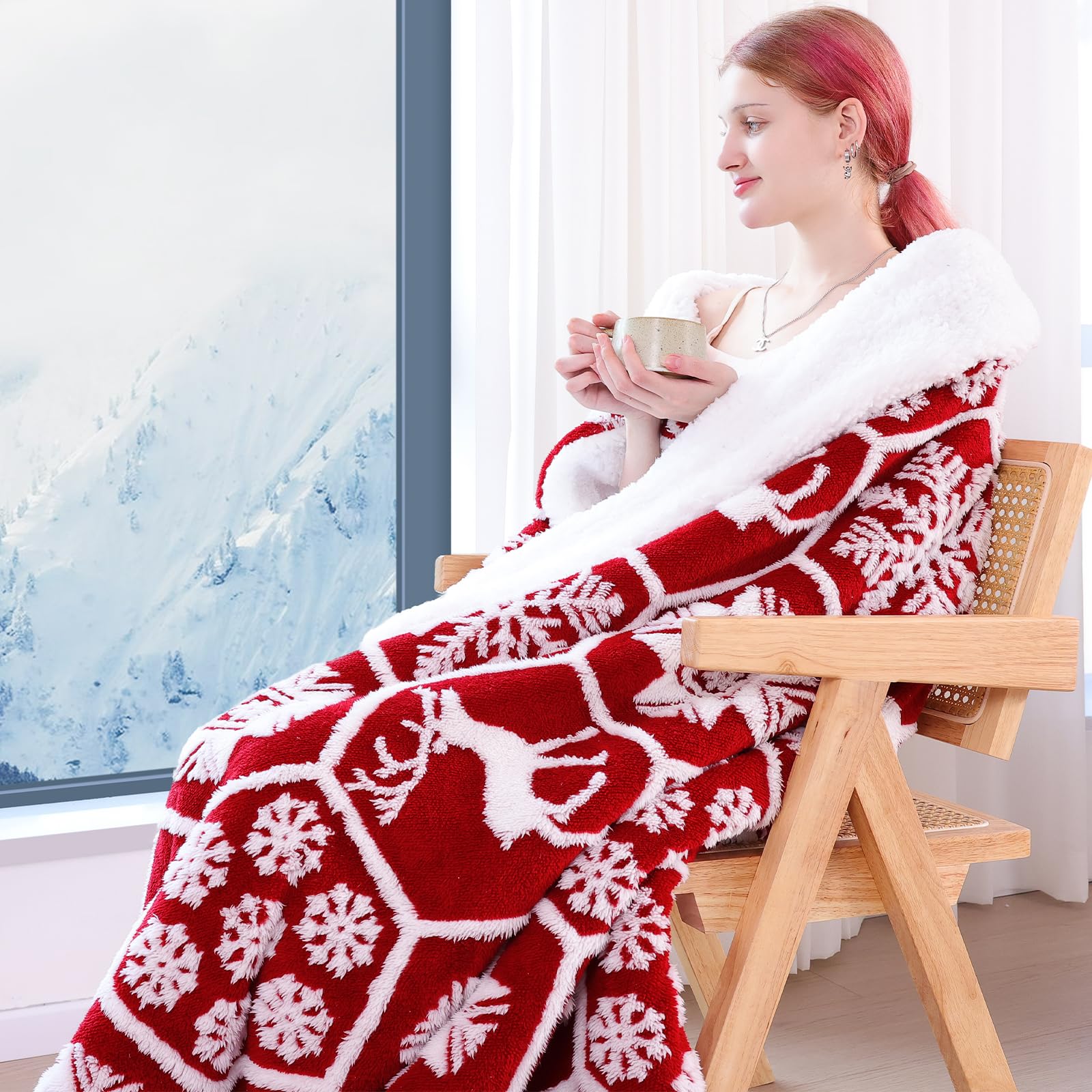 PanxHome Sherpa Blanket, Warm Thick Blanket for Winter, Reversible Soft Snowflake Blanket, Cozy Christmas Throw Blanket for Couch, Sofa, Bed, 50"x60", 520GSM