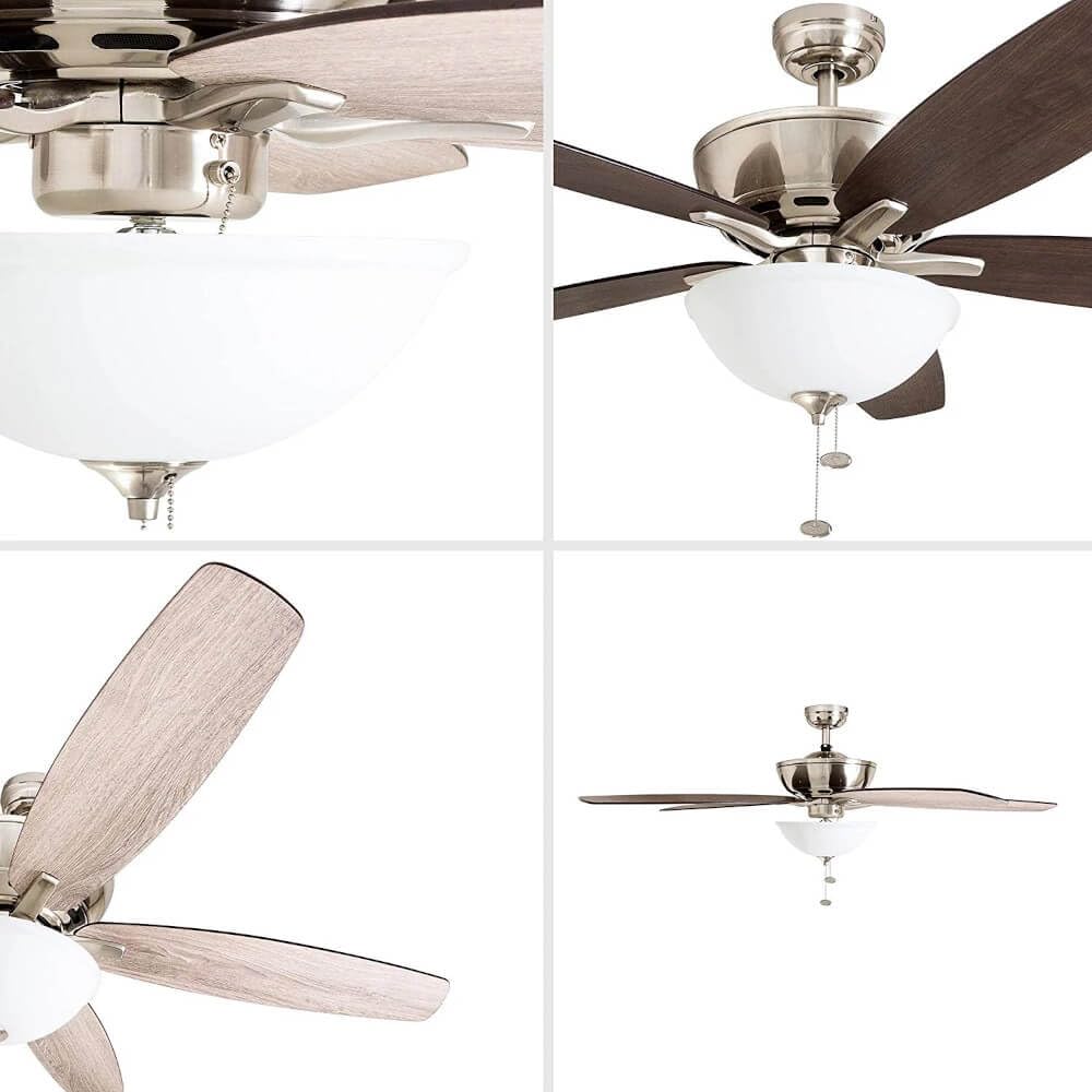 Prominence Home Denon, 60 Inch Traditional Indoor LED Ceiling Fan with Light, Pull Chain, Three Mounting Options, 5 Dual Finish Blades, Reversible Motor 51029-01 (Brushed Nickel)