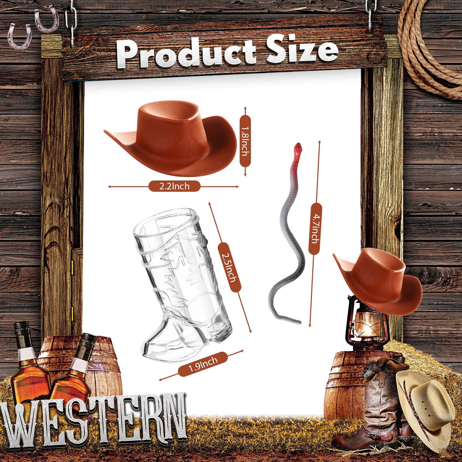 Yetene 34 Pcs Mini Cowboy Boot Shot Glasses Cups 1 oz Clear with 10 Pcs Plastic Mini Western Cowgirl Hat and 12 Pcs Rubber Snake