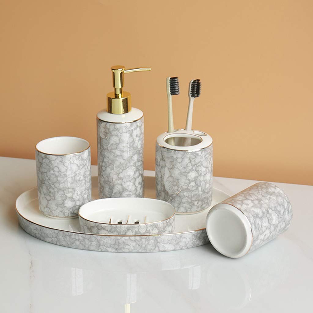 Soap Dispenser Creative Home 6-Piece Accessories Set Including Soap Soap Dispenser Toothbrush Holder Soap Dish Mug and Ceramic Practical Tray Fashion Home Decoration Gift Soap Dispen (Brown B)