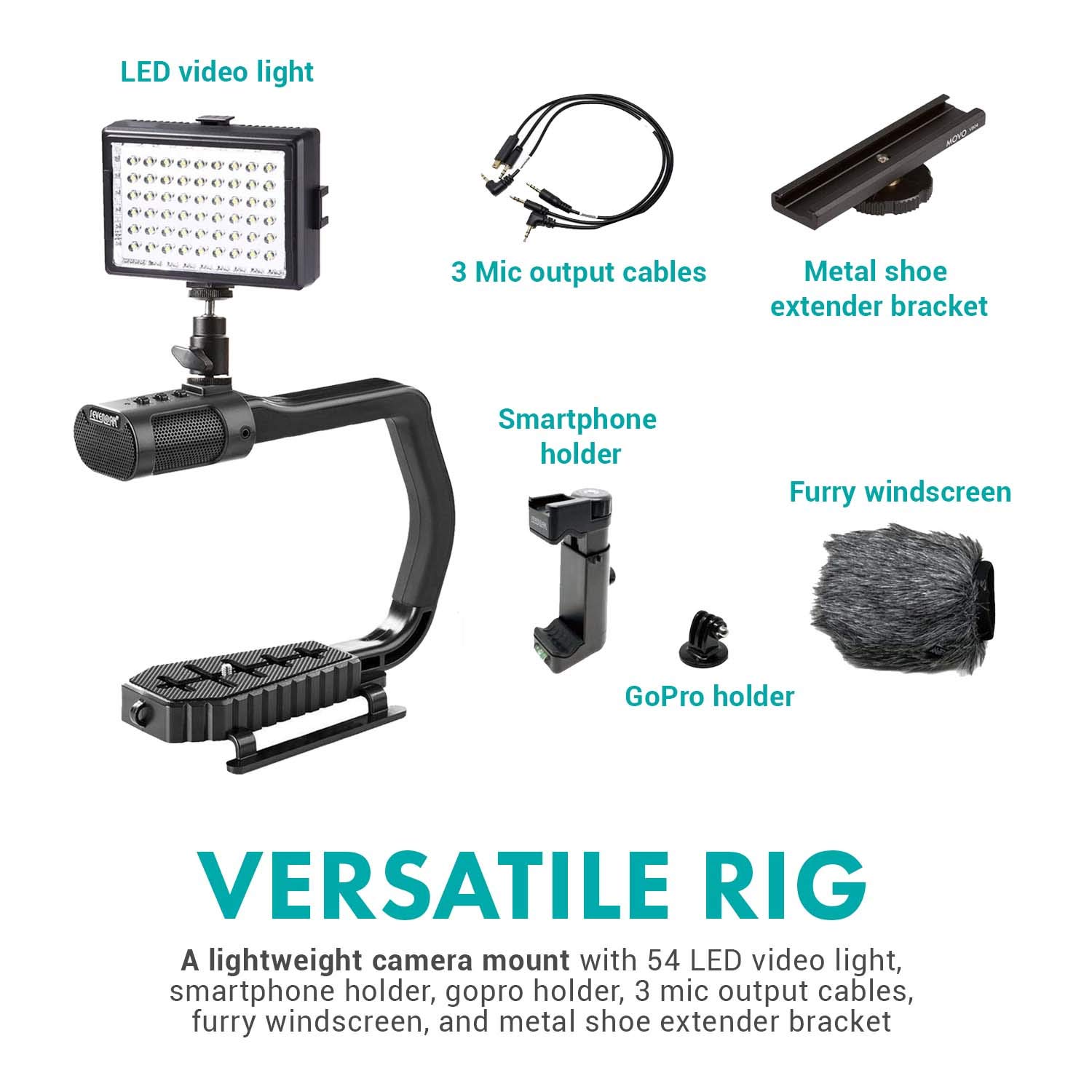 Movo + Sevenoak Micrig U Grip Handle with Built-in Stereo Microphone, LED Light, and Camera Accessories - Stabilizer for Camera, Smartphones, and GoPro Action Cameras