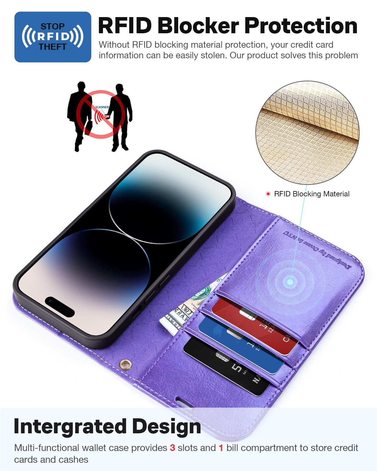 OCASE for iPhone 15 Pro Detachable Wallet Case with Card Holder, [2 in 1] PU Leather Flip Folio Case with RFID Blocking Magnetic Stand Removable Shockproof Phone Cover 6.1 Inch, Purple