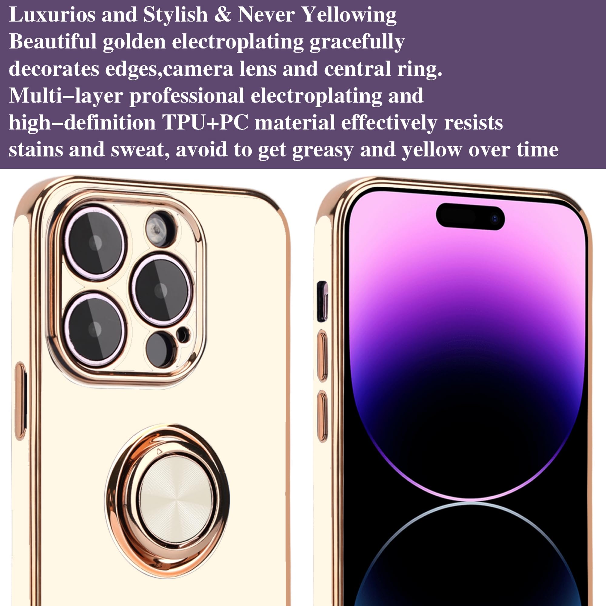 Sogrand for iPhone 14 Pro Case 3 in 1 with Screen Protector Anti Blue Light and Waterproof Phone Pouch W/Strap & Lanyard Car Magnetic Kickstand Ring Stand Shockproof Luxury Cute for Women Men (White)