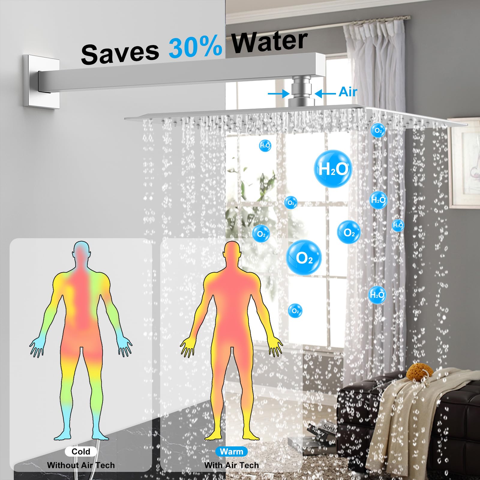 Shower System Modern Rain 12 inches Brass Shower Faucet Set With Valve and Diverter Shower Mixer With Handheld High Pressure Square Rainfall Shower Rough-in Valve (12ββ, Brushed Nickel)