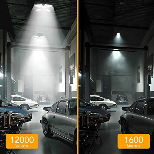 RUN STAR LED Garage Lights 75W,6000 lumens LED Garage Ceiling Light, CRI 80, 6000K Daylight with 4 Adjustable Panels, E26/E27, Shop Light for Garage, Barn, Workshop,Warehouse (Black(1 Pack))