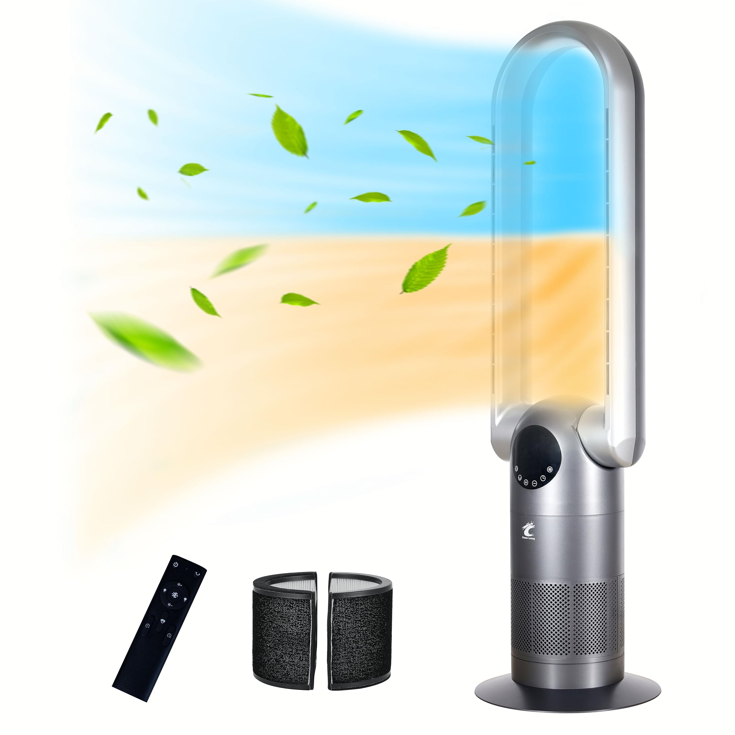 Ocean Loong 1500W Space Heater & 38.6” Bladeless Tower Fan for Home Bedroom, Eco Electric Heater with Adjustable Thermostat, Tip-Over Switch, Remote, Timer, Oscillating Floor Fan, AC68, (Grey)