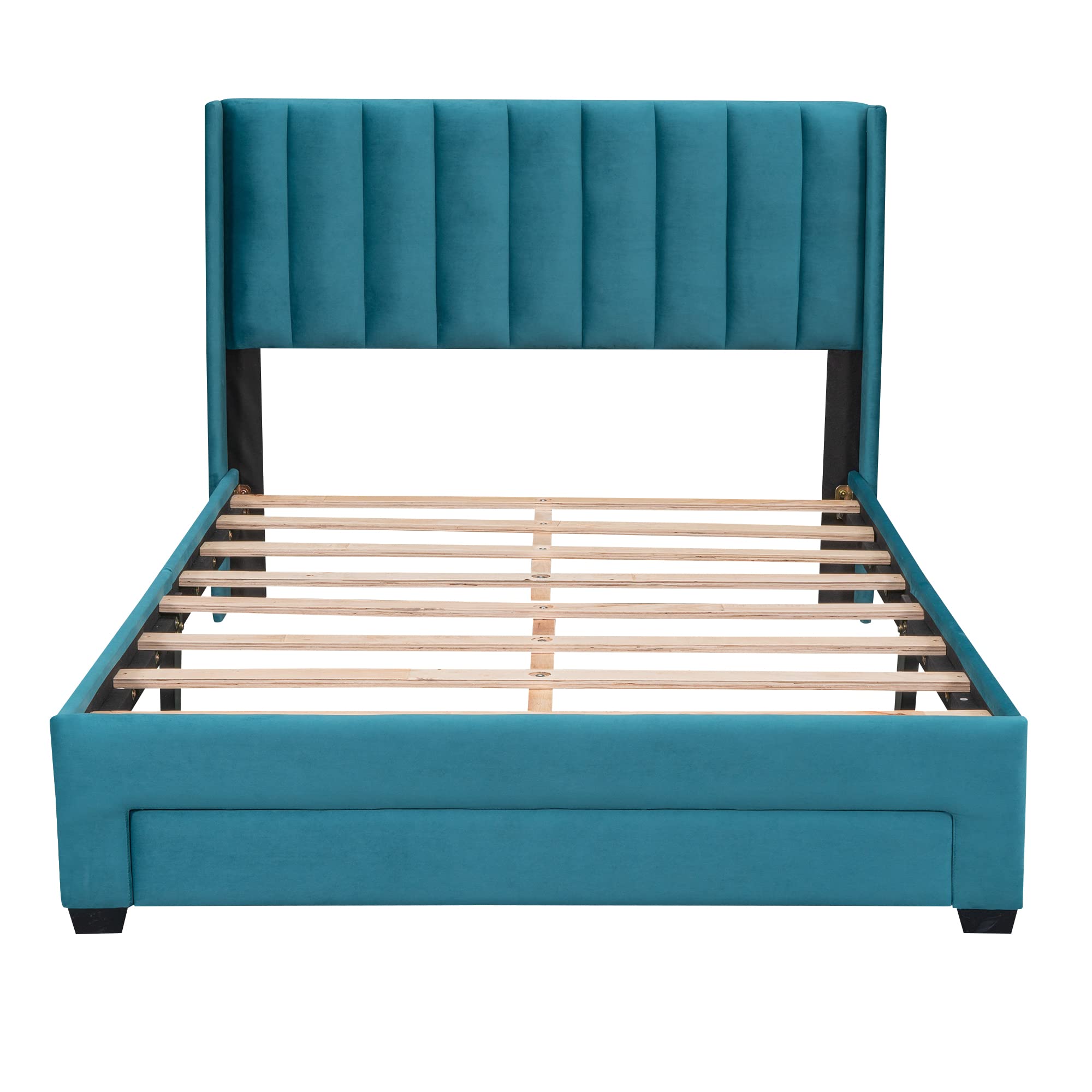 Prohon Full Size Platform Bed with Classic Vertical Stripes Headboard, Upholstered Wingback Backrest Storage Bed Frame w/A Big Storage Drawers on Endbed, Wood Slats Support Mattress Foundation, Blue
