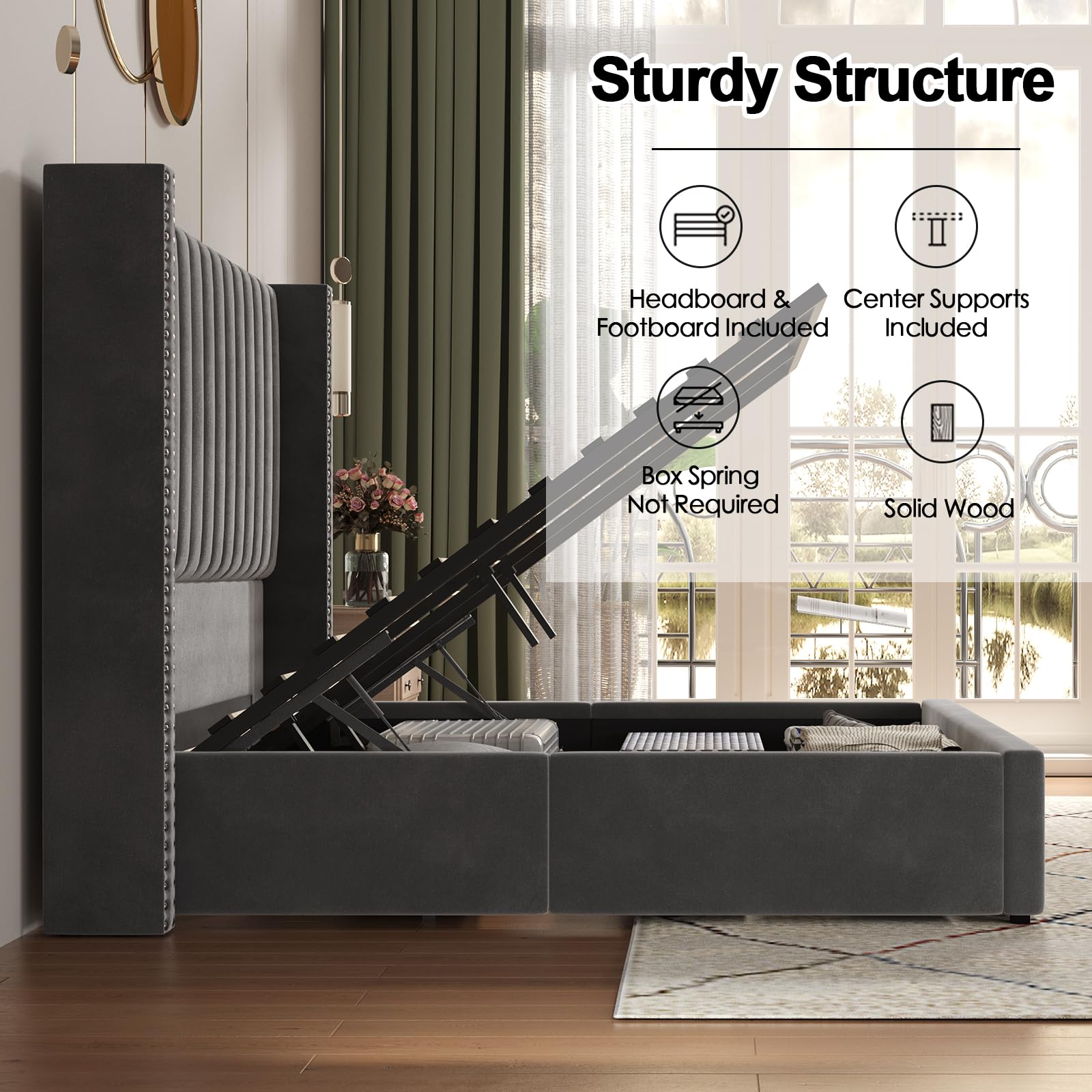 PaPaJet Queen Size Velet Upholstered Bed Frame Lift Up Storage Bed, Morden Wingback Bed Frame Platform with Storage Underneath/No Box Spring Needed/Easy Assembly/Grey
