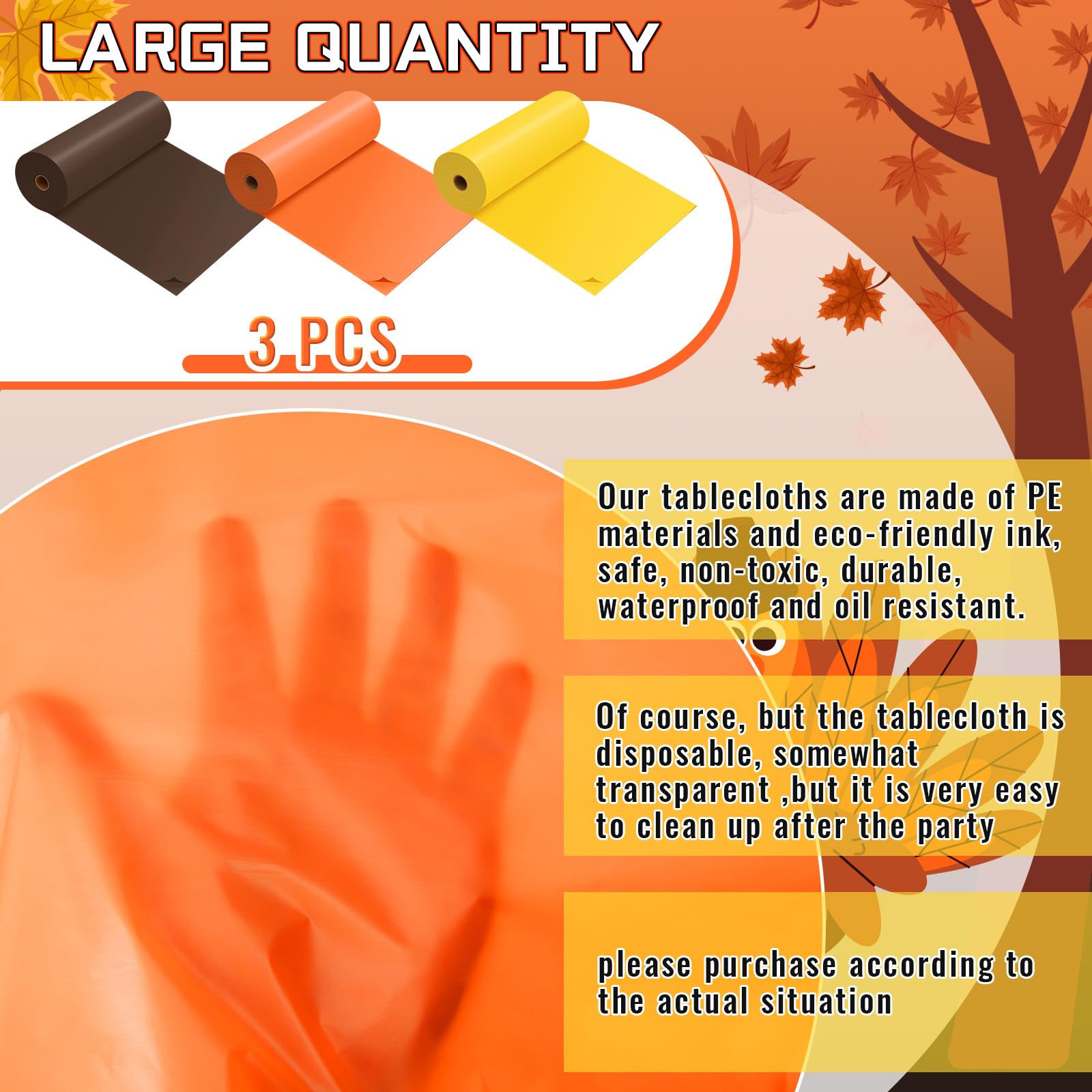 Preboun 3 Pcs Thanksgiving Disposable Tablecloth Roll Plastic Table Cover Roll Table Cloth for Fall Thanksgiving Parties and Decorations,40" x 100'(Coffee, Orange, Yellow)