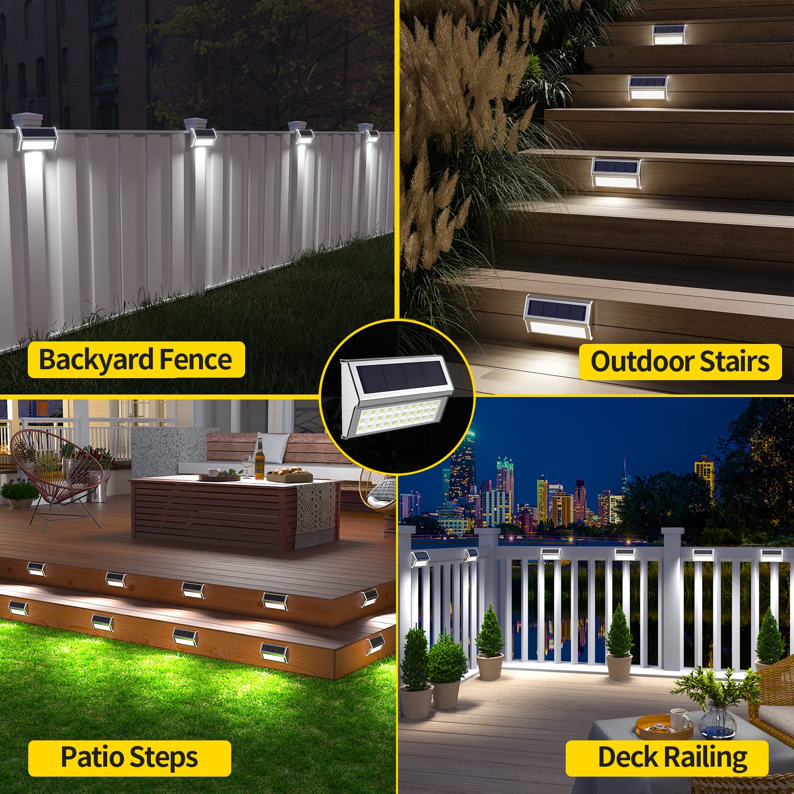 ROSHWEY Solar Outdoor Lights, 10 Pack 30 LED Fence Lights Waterproof Solar Powered Deck Post Lamps Stainless Steel Outside Step Lighting for Backyard Yard Walkway Stairs, Cool White Light