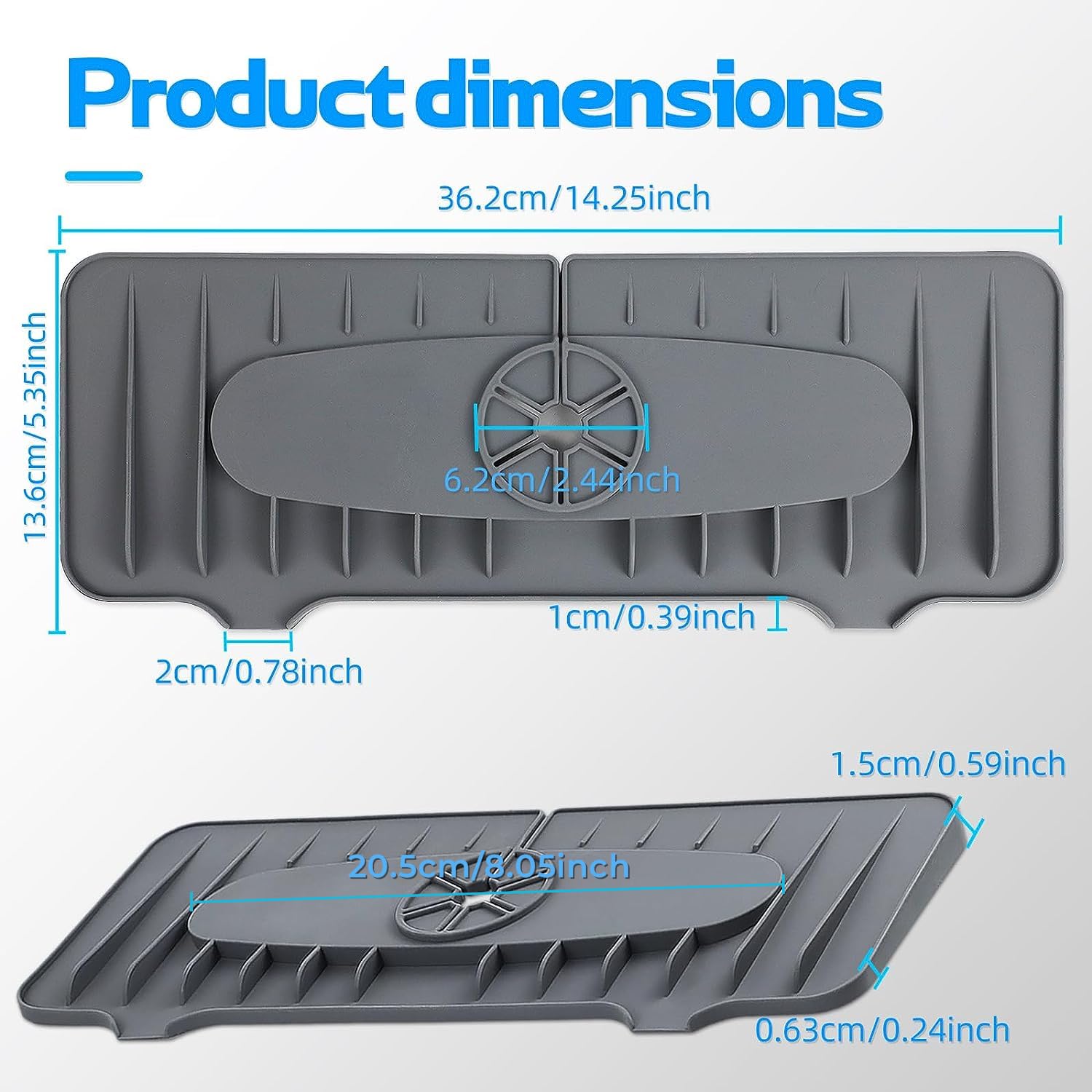 Silicone Faucet Splash Guard, 14.25 Inch Faucet Water Catcher Mat, Two water outlets Silicone Sink Mat, Faucet Handle Drip Catcher Tray Mat for Kitchen Countertop and Bathroom Sink Protectors (Grey)