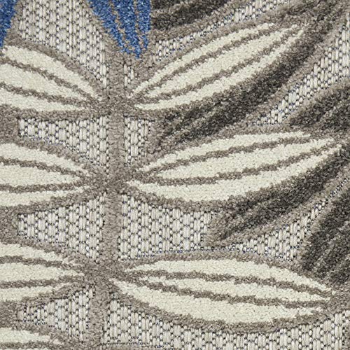 Nourison Aloha Indoor/Outdoor Grey/Blue 5'3" x Round Area Rug, Easy Cleaning, Non Shedding, Bed Room, Living Room, Dining Room, Backyard, Deck, Patio (5 Round)