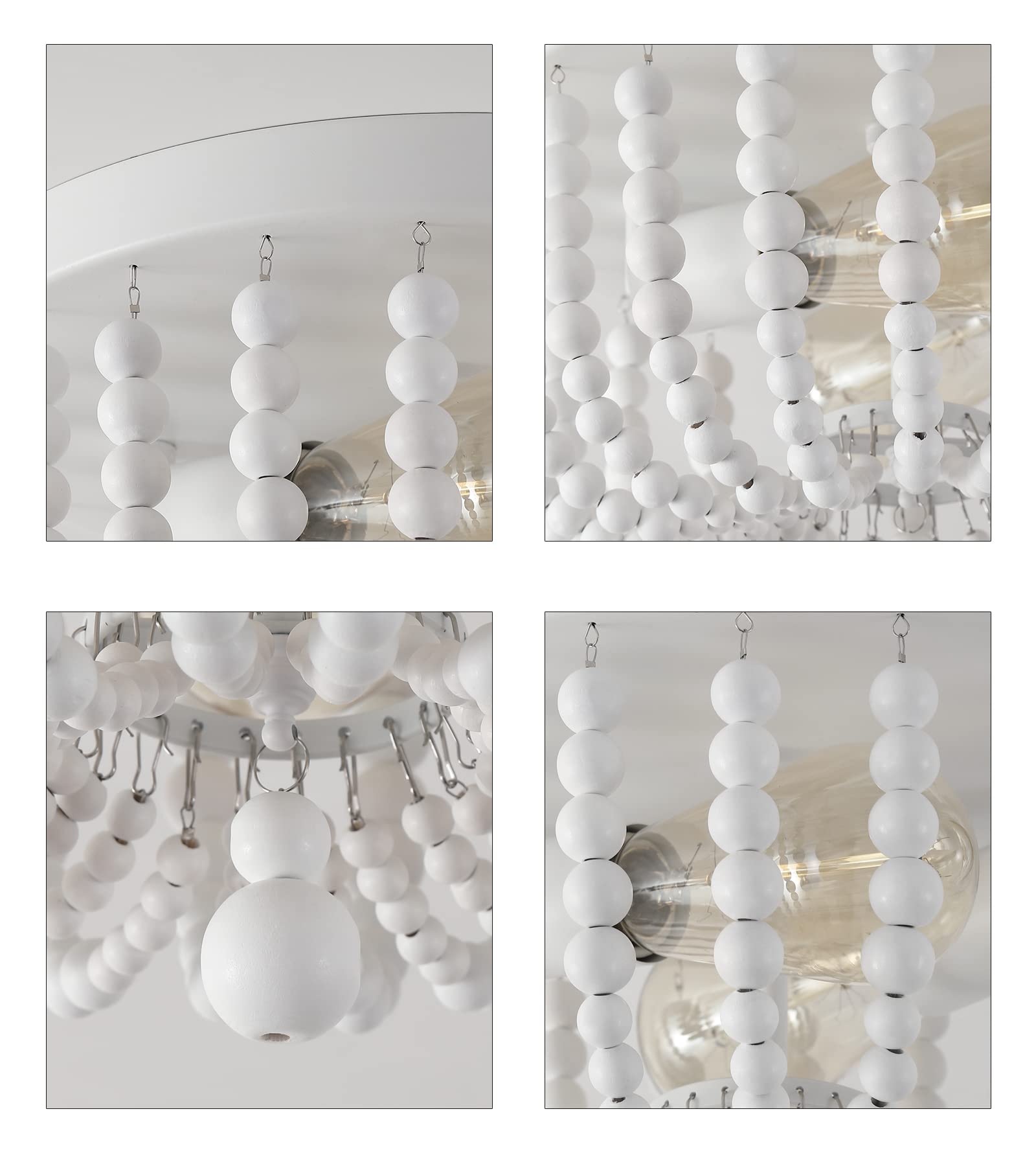 Q&S White Flush Mount Ceiling Light Fixtures,2-Lights Wood Beaded Boho Chandeliers for Nursery Baby Bedroom Dining Room Living Room Kitchen Hallway W11.81