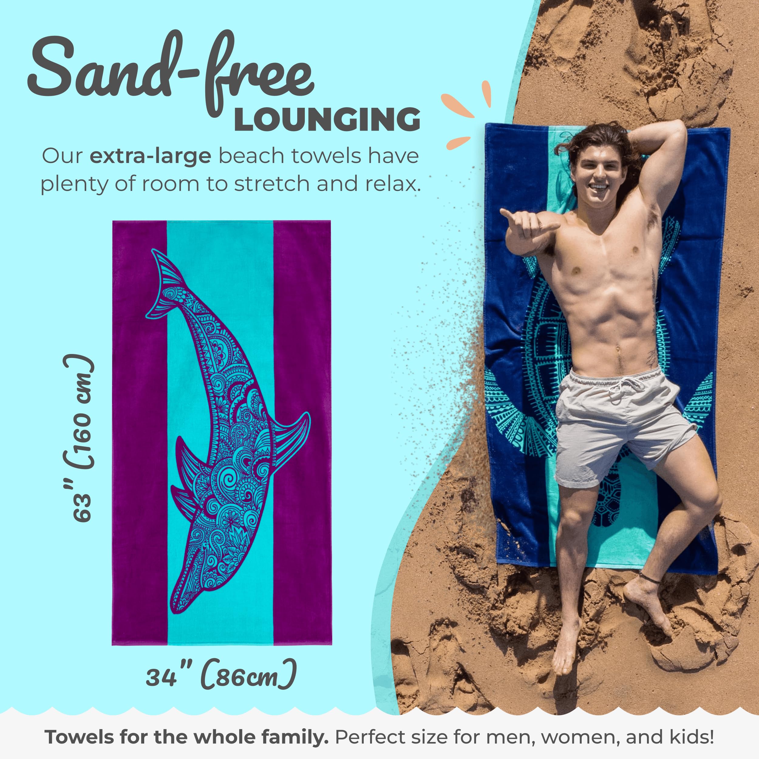 Nova Blue Dolphin Beach Towel – Tropical Blue & Purple Colors with A Unique Design, Extra Large, XL, Pool Towels (34”x 63”) Made from 100% Cotton