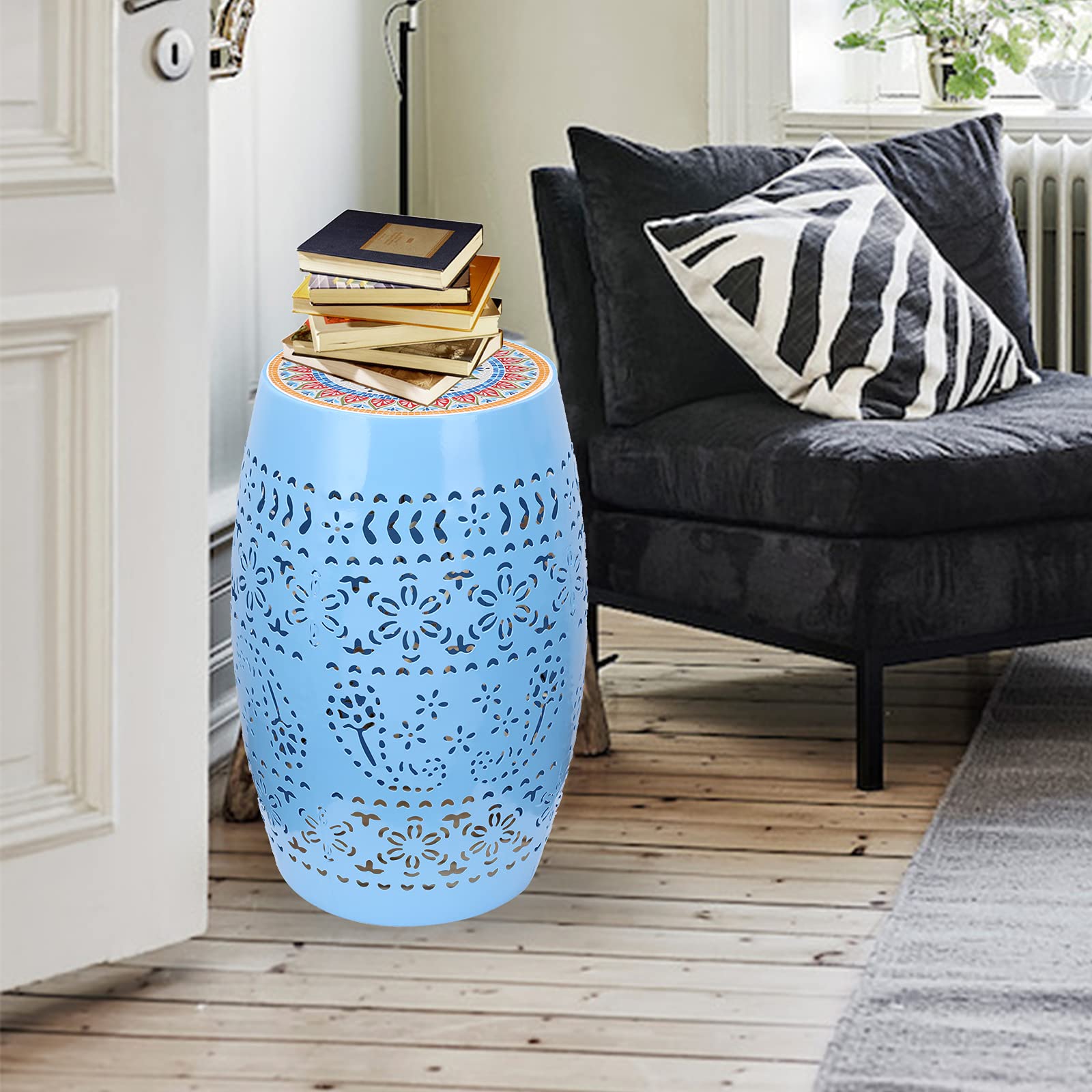 Patio Accent Table Outdoor Mosaic Side Table Metal End Table Lace Cut Outside SideTable with Tile Top Outdoor Coffee Table Garden Stool