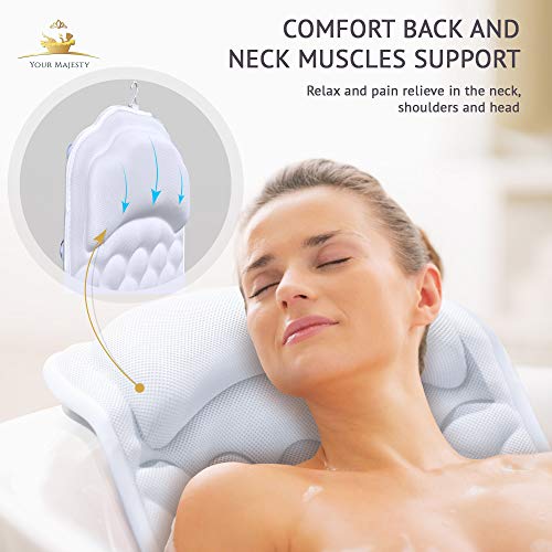 Premium Bathtub Pillow with Storage Bag [10 Extra Large Suction Cups] Bath Pillow for Neck and Head Support, Washable Bag Included