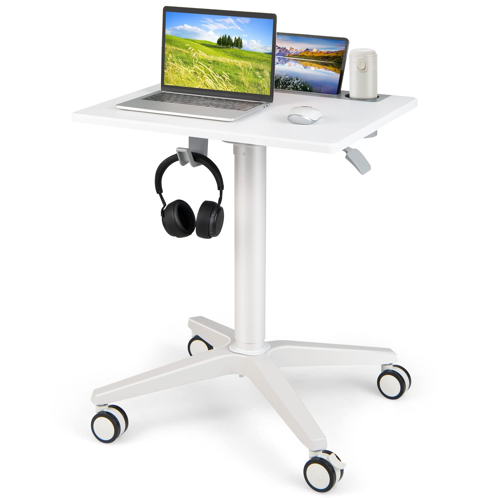 Tangkula Mobile Standing Laptop Desk, 30β-46β Height Adjustable Ergonomic Rolling Lectern Podium, Sit Stand Desk with Tablet Holder, Cup Holder & Hanging Hook for Home Office, Classroom
