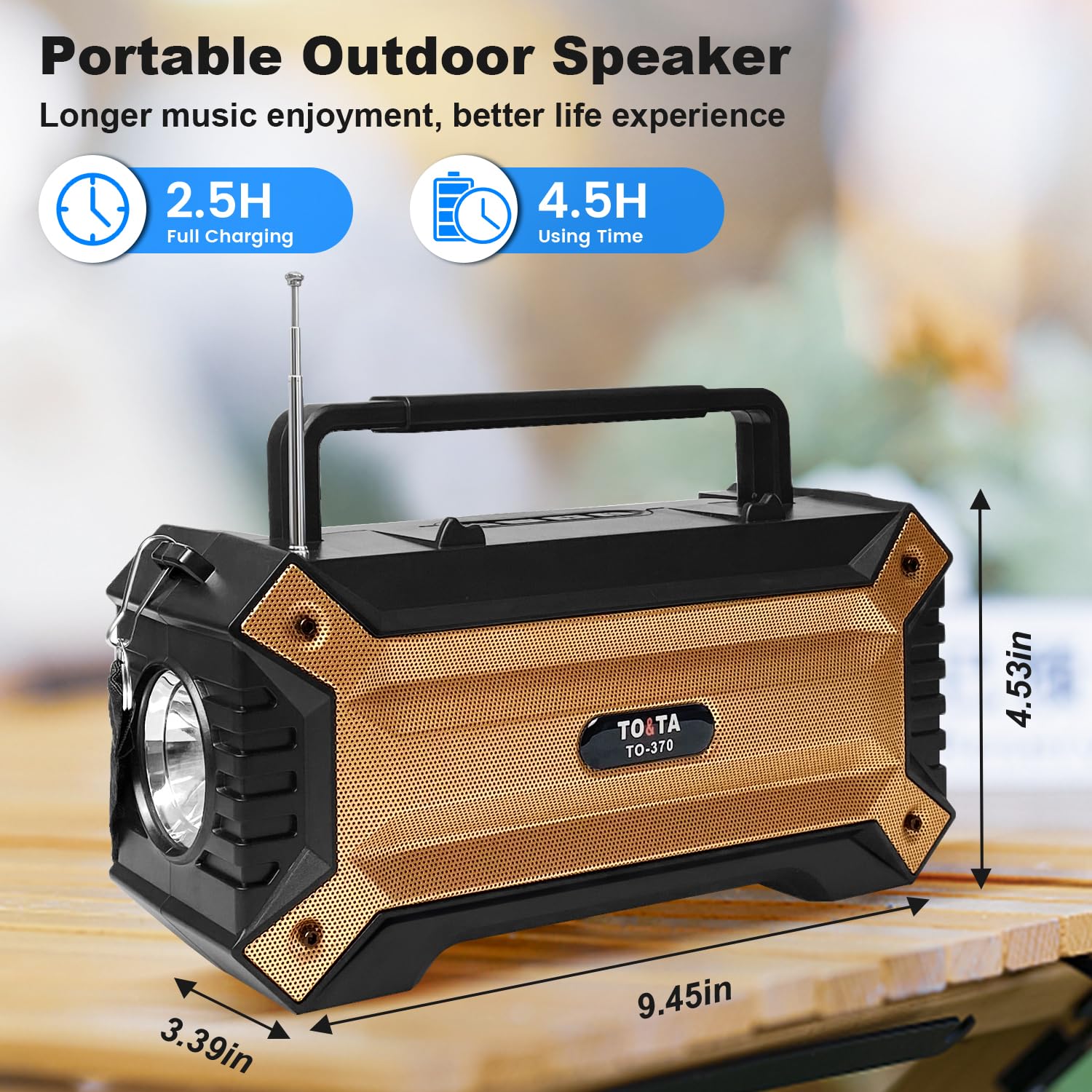 Solar Bluetooth Speaker with Flashlight, Portable Rechargeable Outdoor Speaker with Phone Holder Shoulder Strap for Party Hiking Picnic Family