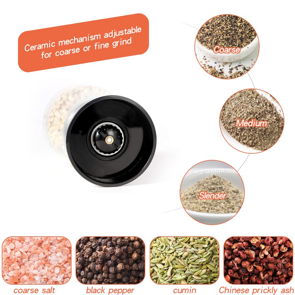 OIULO Salt and Pepper Grinder Set with Steel Base Tray, RefillablePepper Grinder Set - Brushed Stainless Steel - Short Glass Jar with Adjustable Coarseness for Grinding Pepper Grains, Salt or Spices