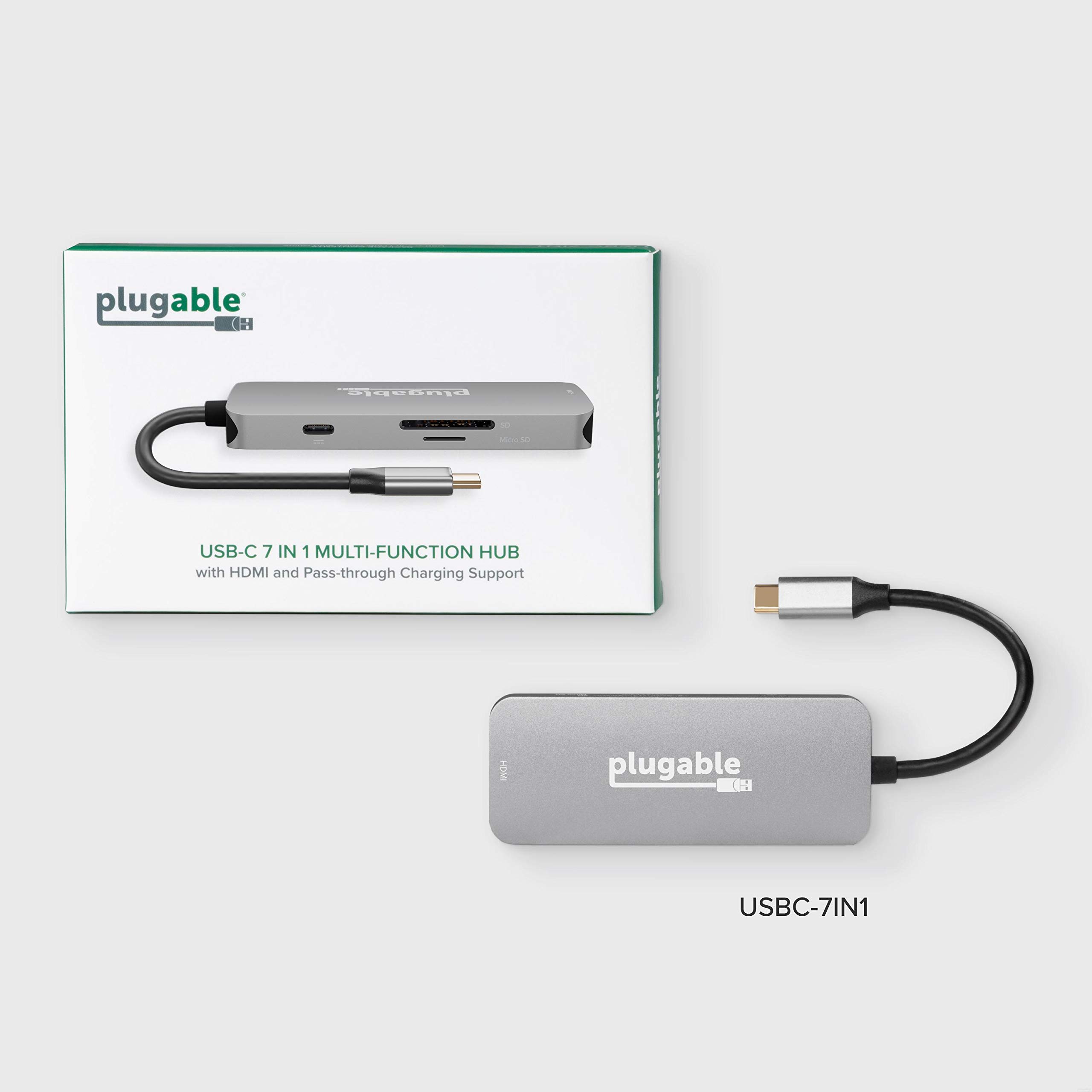 Plugable USB-C Hub 7-in-1, Driverless USB C Hub Compatible with Mac, Windows, Chromebook, USB4, Thunderbolt 4, and More (4K HDMI, 3 USB 3.0, SD & microSD Card Reader, 100W Charging)