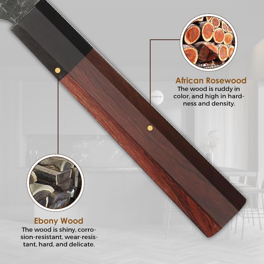 Paul Brown's™ 8 inch 440C High Carbon Stainless Kiritsuke Knife Forged Hammer Pattern with Mahogany Wood Handle and Ashwood Saya