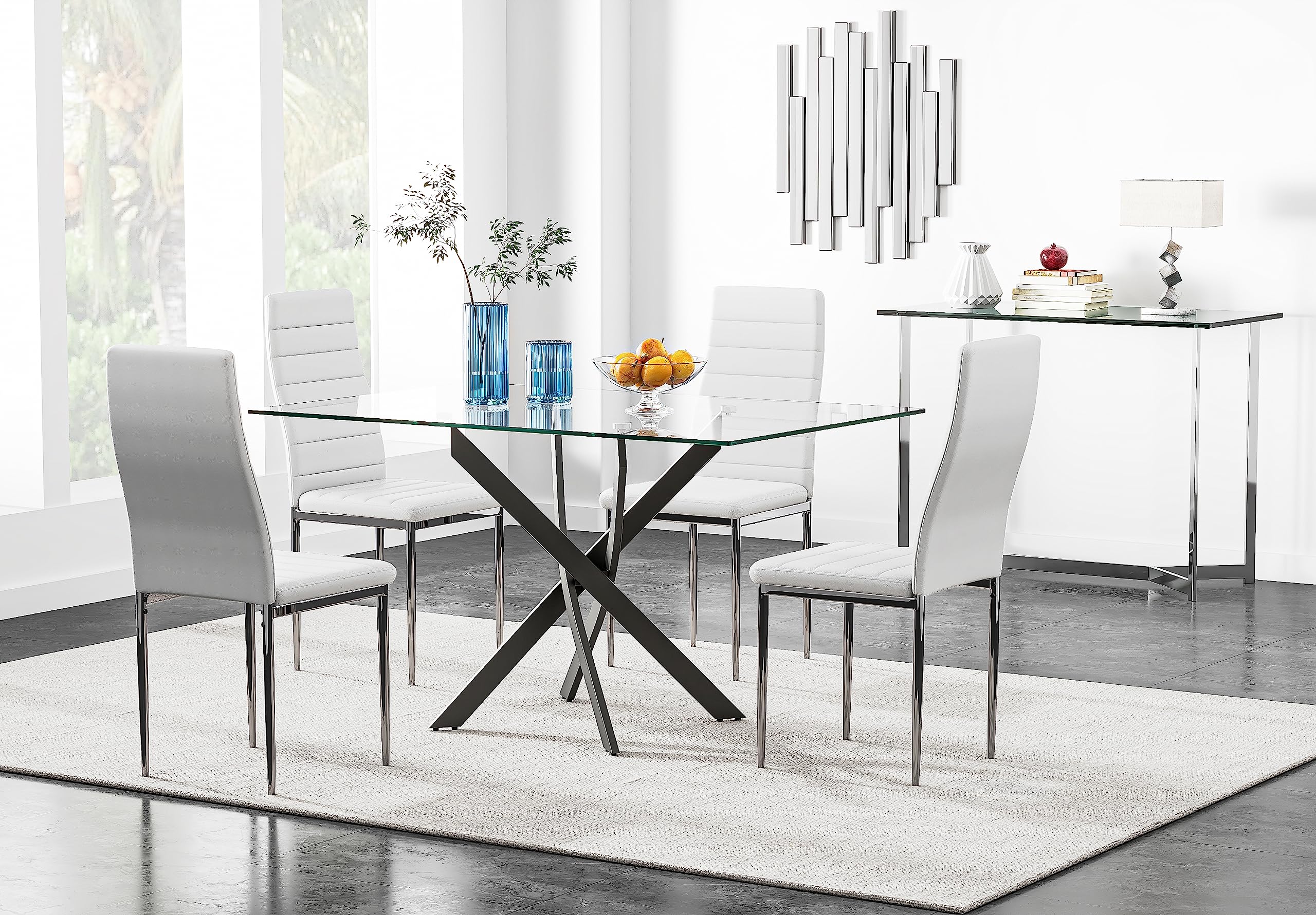 NIERN Glass Dining Table Set for 4, Modern 5-Piece Rectangular Kitchen Table Set with 4 upholstered Chairs for Kitchen Dining Room (Black Table with Black Velvet Chair)