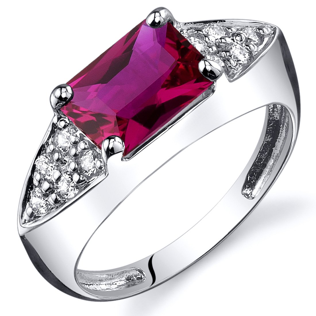 PEORA Created Ruby Statement Ring in Sterling Silver, Elegant Linear Design, 2 Carats Radiant Cut, 8x6mm, Comfort Fit, Size 8