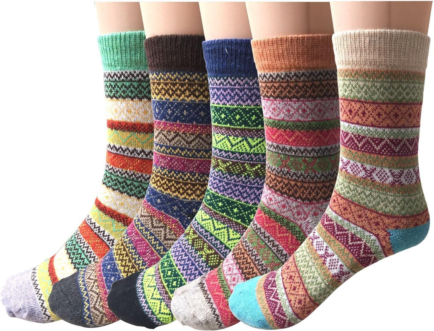 Pack of 5 Womens Vintage Style Cotton Knitting Wool Warm Winter Fall Crew Socks, Mixed Color 1, One Size - fit shoe sizes from 5-10