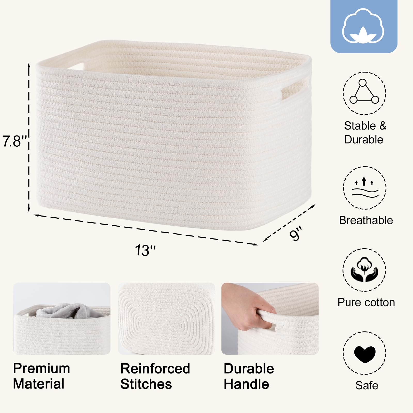 SIXDOVE 4 Pack Shelf Baskets for Organizing Home - Perfect for Toys, Books, and Clothes, Versatile Woven Storage Baskets with Handles, Cube Storage Bins, 12.7''L x9''W x7.8''H, White