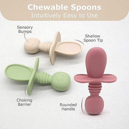 Silicone Baby Spoons Self Feeding 3+ Months - Infant Toddler Utensils - First Stage Baby Led Weaning Feeding Supplies - Set of 3 Pack (Smile Style)