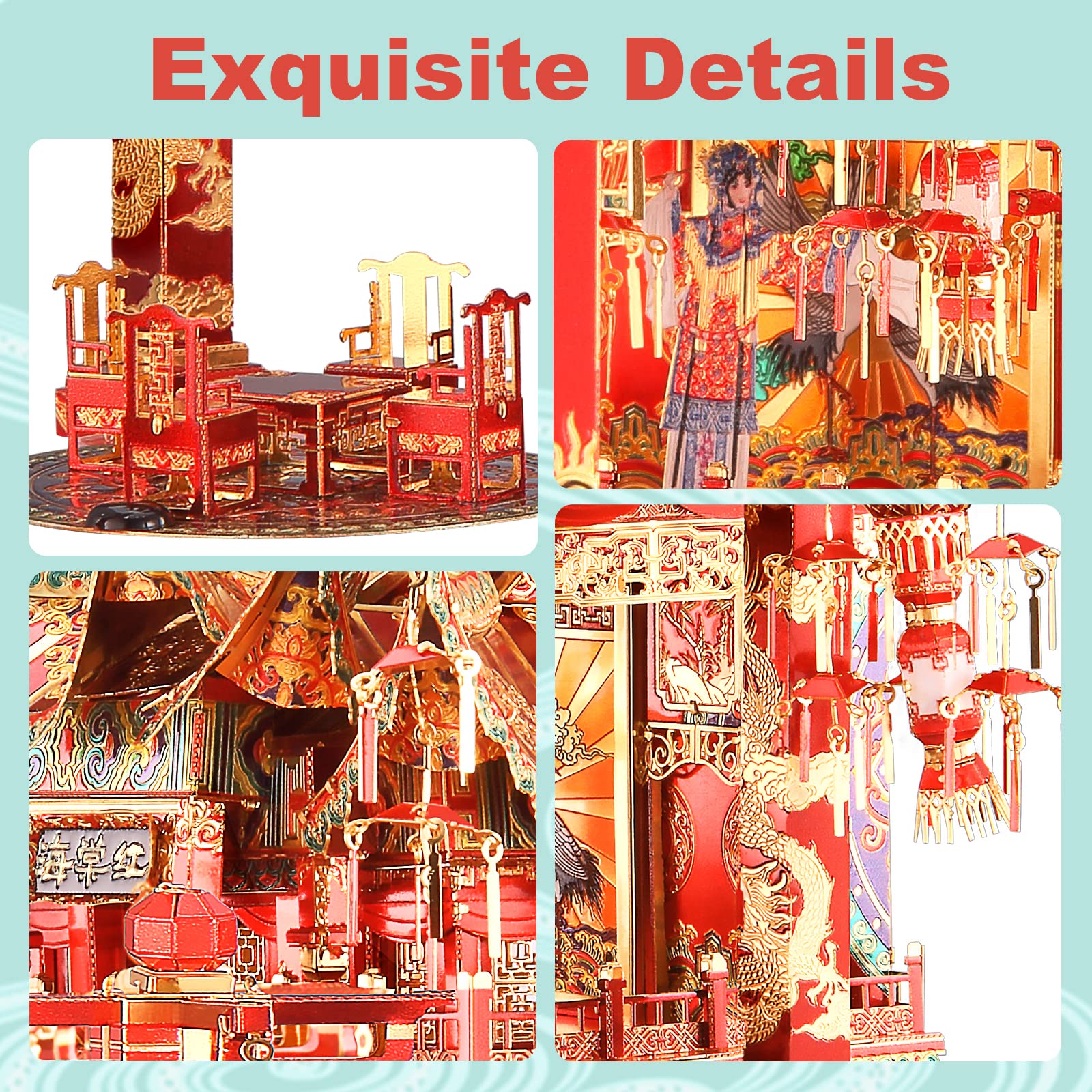 Piececool 3D Puzzles for Adults, Begonia Red Theater Chinese Traditional Building Model Kits, Challenge Difficult Brain Teaser 3D Metal Puzzle STEM Learning Toys Gift DIY Craft Home Decor - 663 Pcs