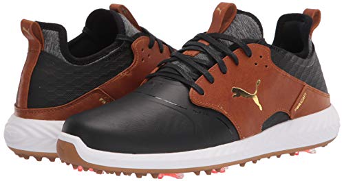 Puma Men's Ignite Pwradapt Caged Crafted Golf Shoe, Puma Black-Leather Brown-Puma Team Gold, 12