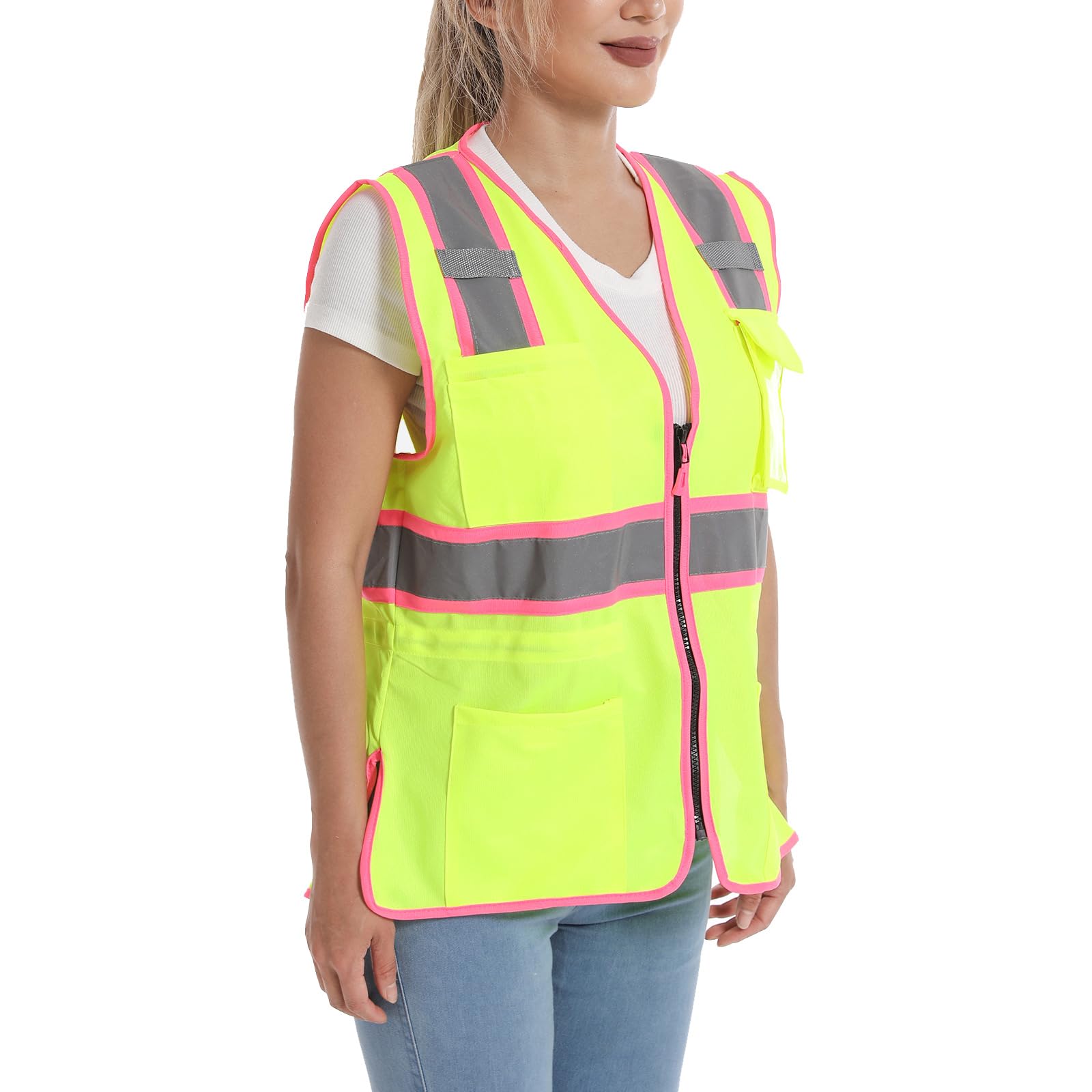SKSAFETY Safety Vest For Women, Class 2 High Visibility Security Drawstring waist Vest with Zipper, Hi Vis Vest with Reflective Strips, ANSI/ISEA Standard, Construction Work Vest(Lime/S)