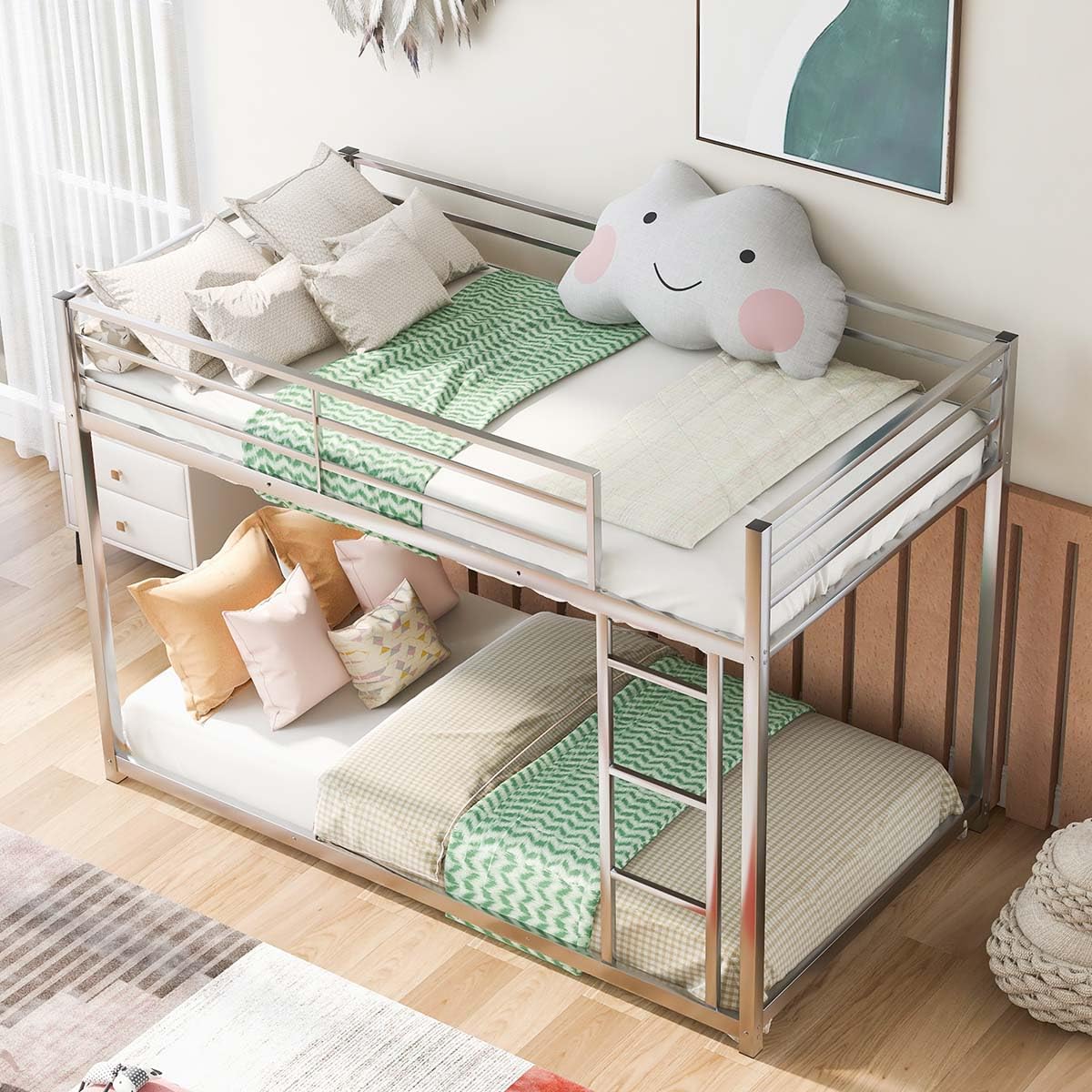 PIETFIU Full Over Full Bunk Beds,Low Profile Metal Full Bunk Bed with Stairs and Guardrail for Teens,Boys,Girls,Easy Assemble (Full Over Full, Silver)