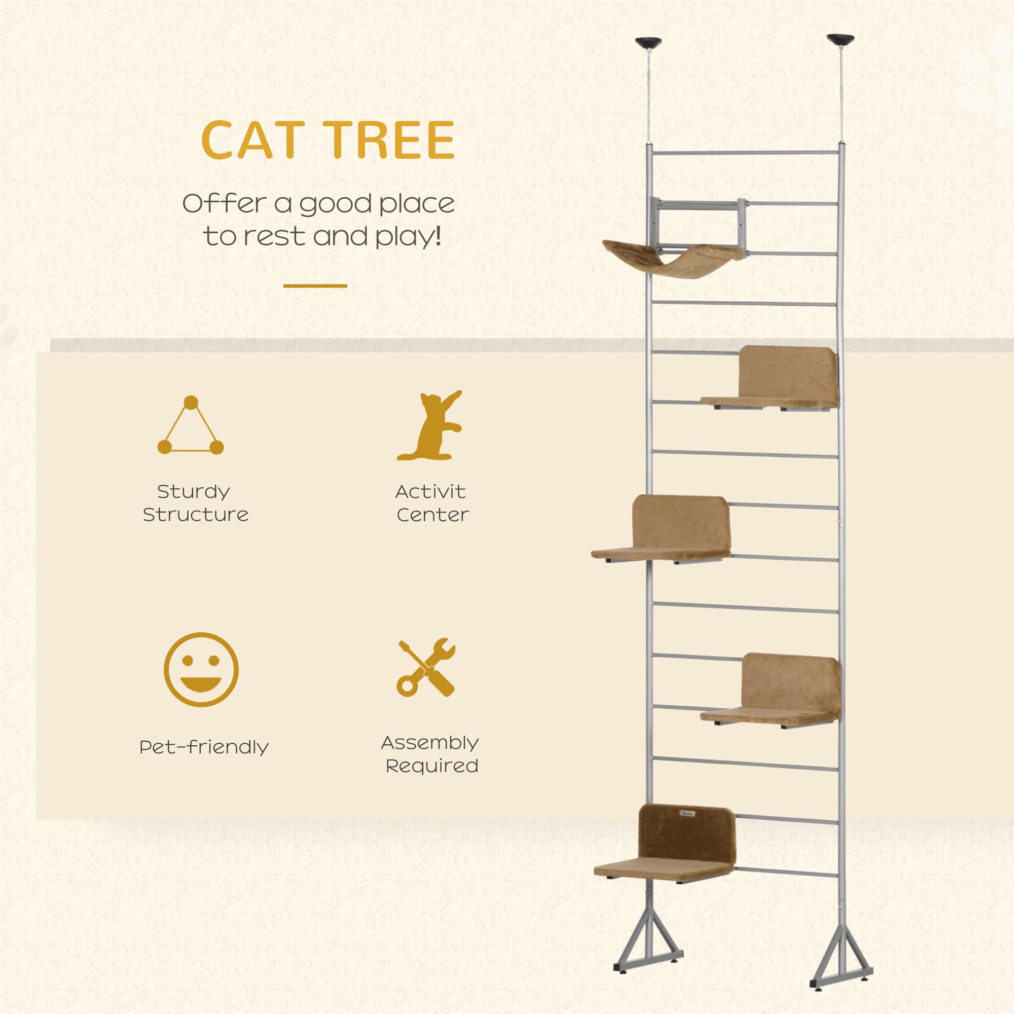Pawhut 108" Floor-to-Ceiling Adjustable Staggered Climbing Cat Tree Tower
