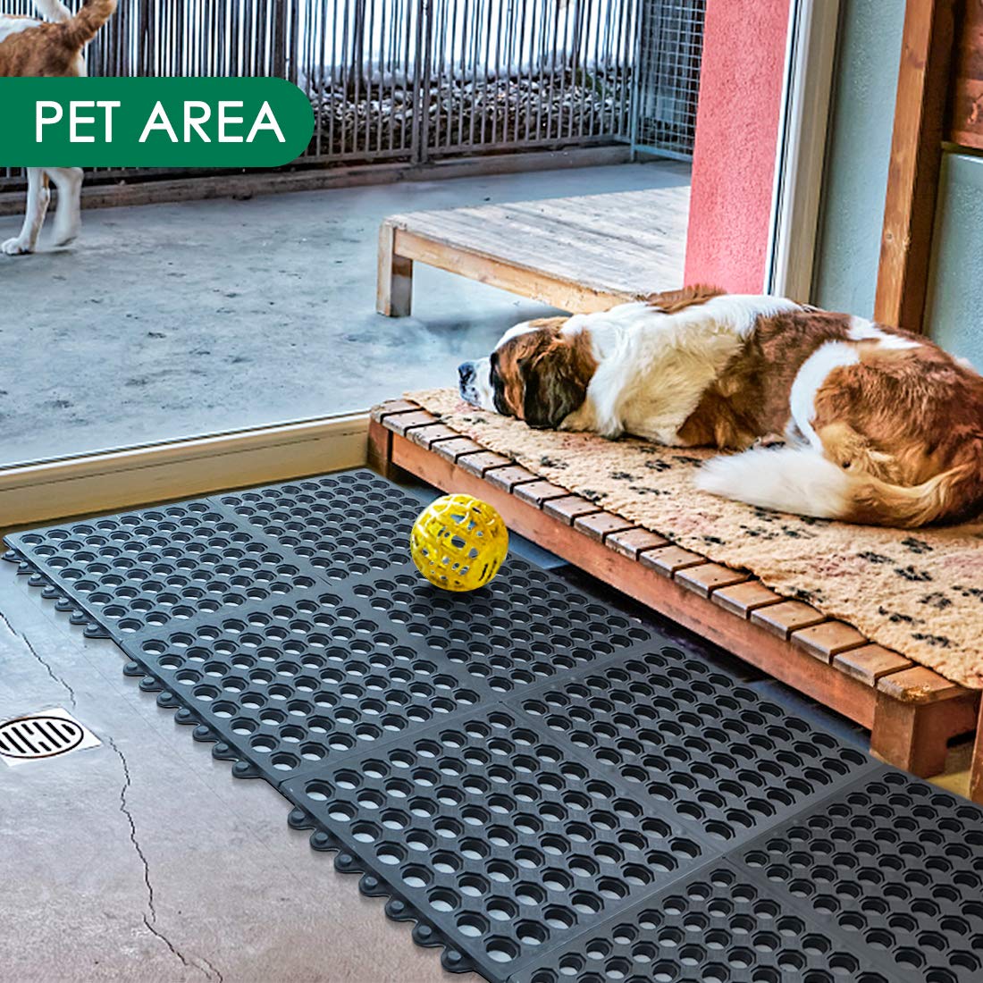 Rubber Floor Mats Anti Fatigue Kitchen Mats 9 Pack 11.8" x 11.8" Modular Rubber Interlocking Floor Tiles, Drain Pool Balcony Patio Yard Pet Area Use Restaurant Bar Floor Mat Black