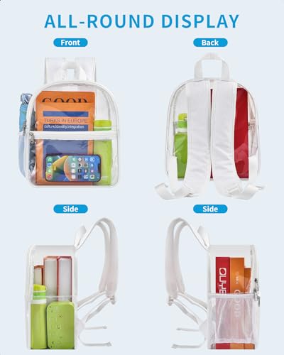 Paxiland Clear Backpack Stadium Approved 12×12×6 with Reinforced and Wider Shoulder Straps, Small Clear Bag for Schools, Concerts, Work, Festivals and Sporting Events - White