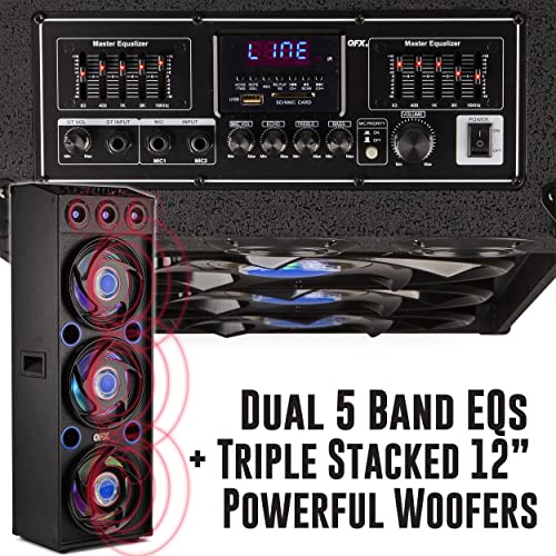 QFX SBX-412300BT TWS Bluetooth Triple 12β Woofer Triple 1β Tweeter Recording High-Performance PA Cabinet Speaker with 10-Band Graphic EQ, 2 Microphone Inputs, Guitar Input, and AUX Input, Blue
