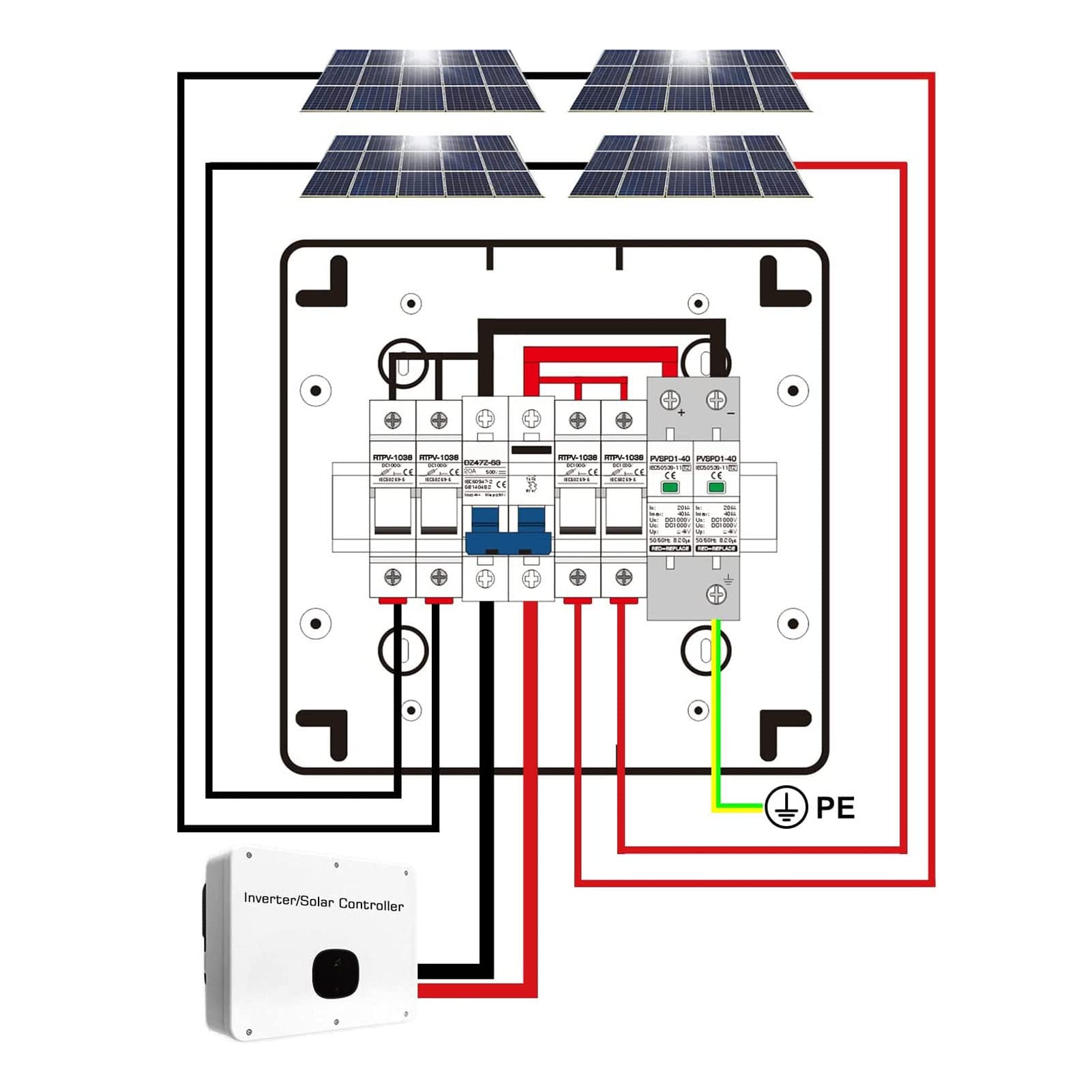 Solar PV Combination Box, IP65 Rated Waterproof and Dustproof, Light Indication Protective Transparent Cover, 40A 1000V Suitable for PV Grid Connection System