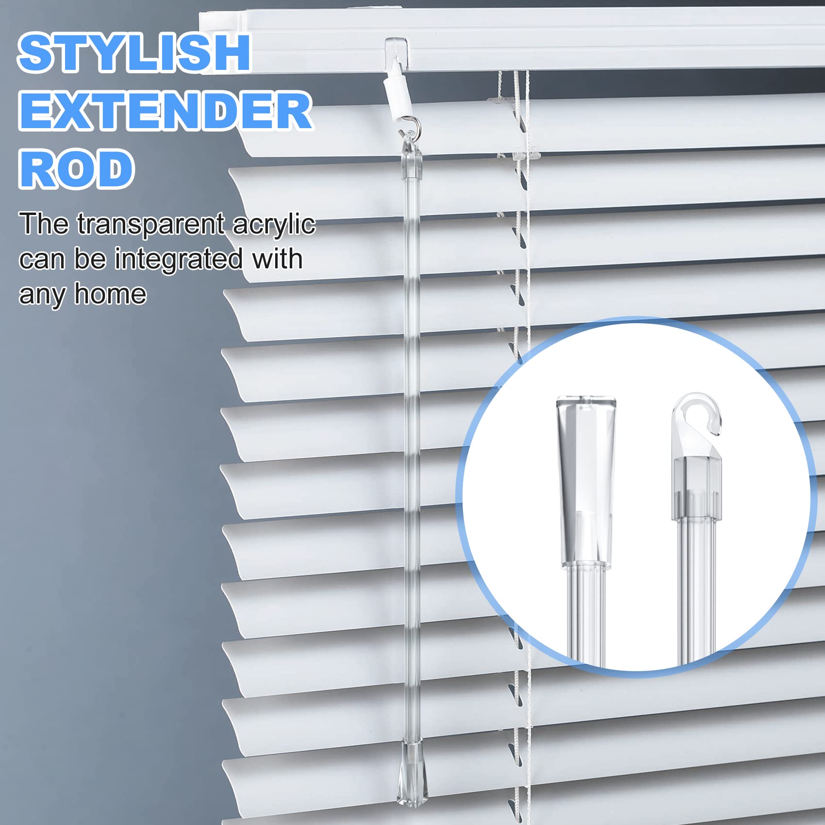 PAGOW 6Sets Vertical Blind Wand, 12 Inches Transparent PVC Blind Tilt Wand with Hook and Handle, Blind Rod Opener Long Window Blind Stick Replacement Parts