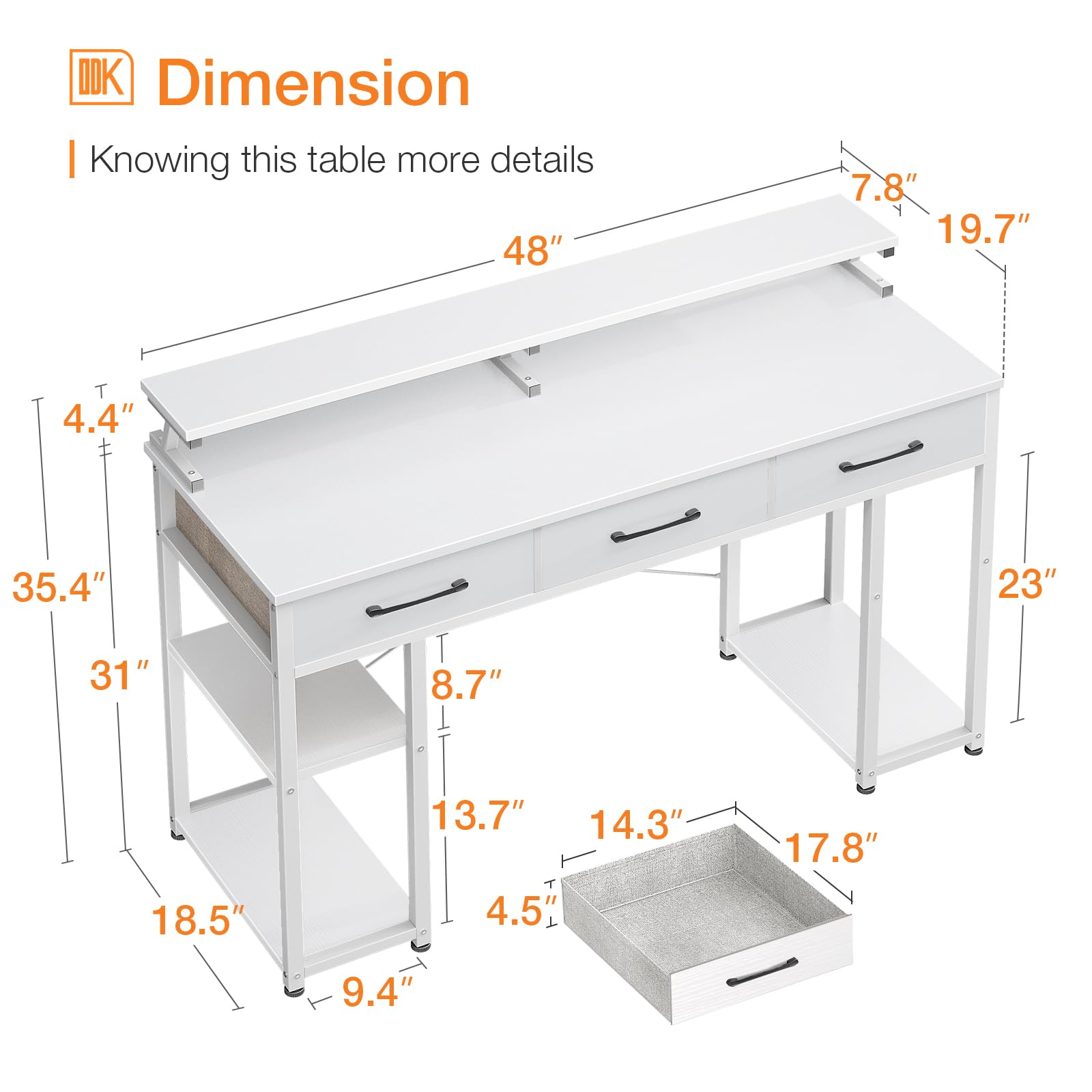 ODK Computer Desk with Drawers and Storage Shelves, 48 inch Home Office Desk with Monitor Stand, Modern Work Study Writing Table Desk for Small Spaces, White