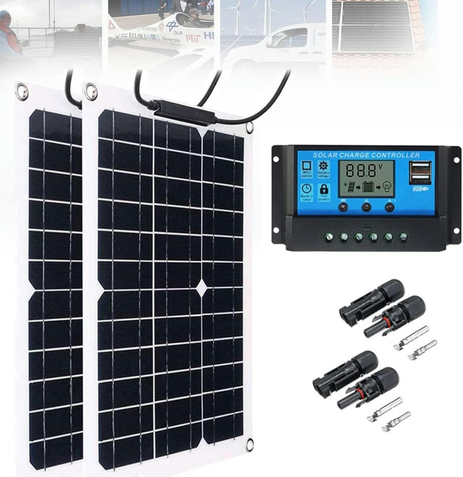 Solar Panel Kit,200W Solar Panel 18V Monocrystalline Semi Flexible Bendable Mono Panel 2 * 100W Off-Grid Systems with 20A Controller,for RV Camper Boats Roofs