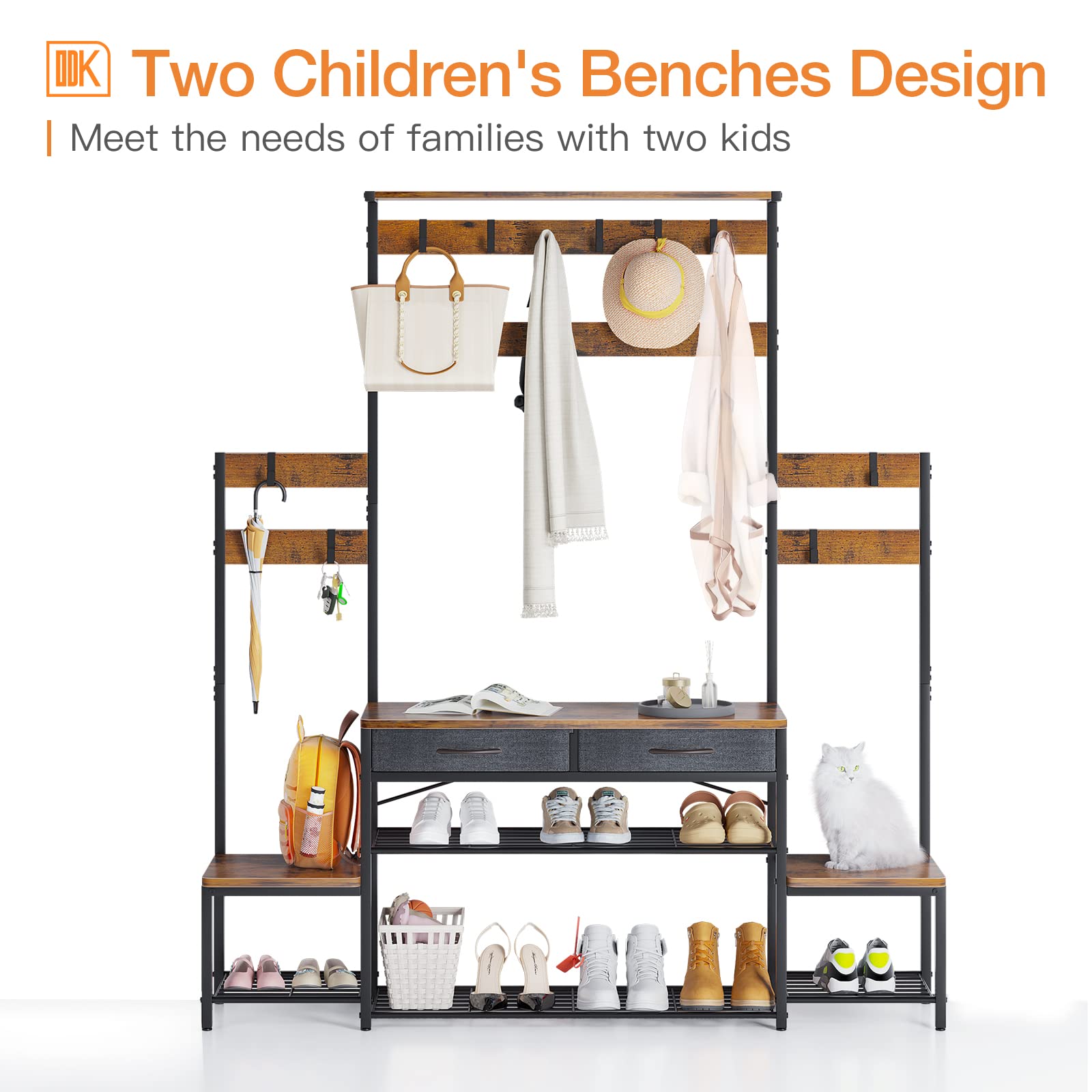 ODK Parent-Child Hall Tree with Bench and Shoe Storage, Freestanding Coat Rack with Drawers, Entryway Rack with Metal Frame and Hooks, for Entrance, Foyer, Mudroom