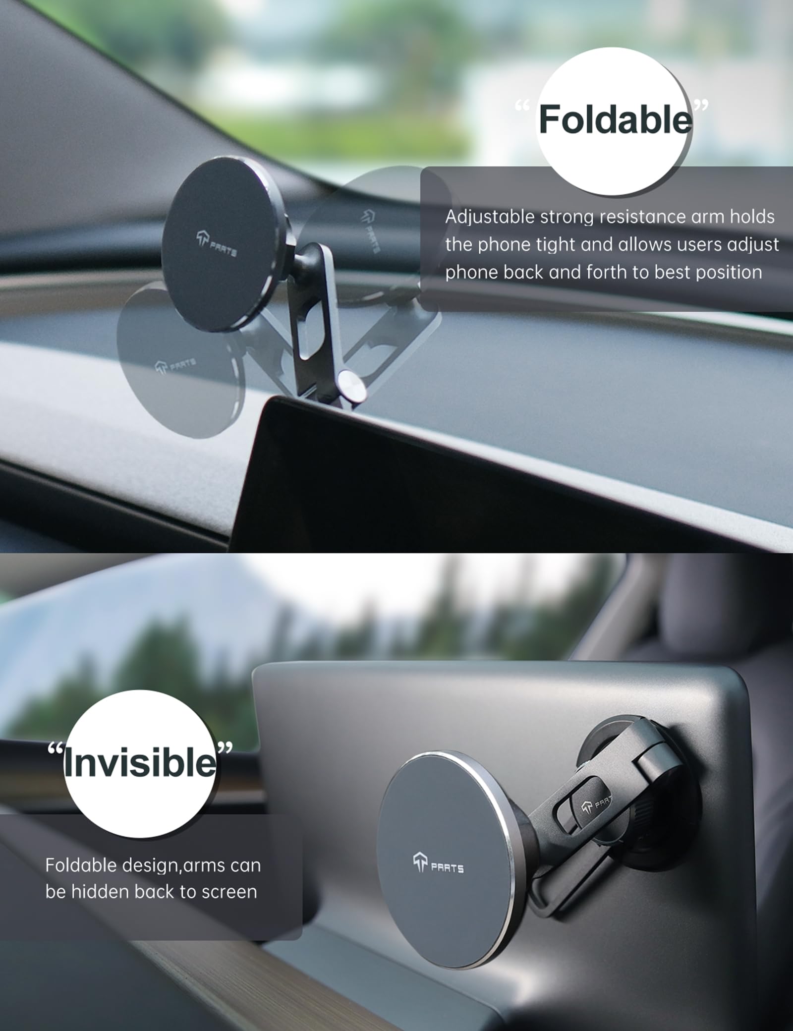 TPARTS Foldable Magnetic Car Mount, Hidden Design for Tesla Model 3/Y, Compatible with iPhone 15 Pro, 14, 13, 12, MagSafe Cases